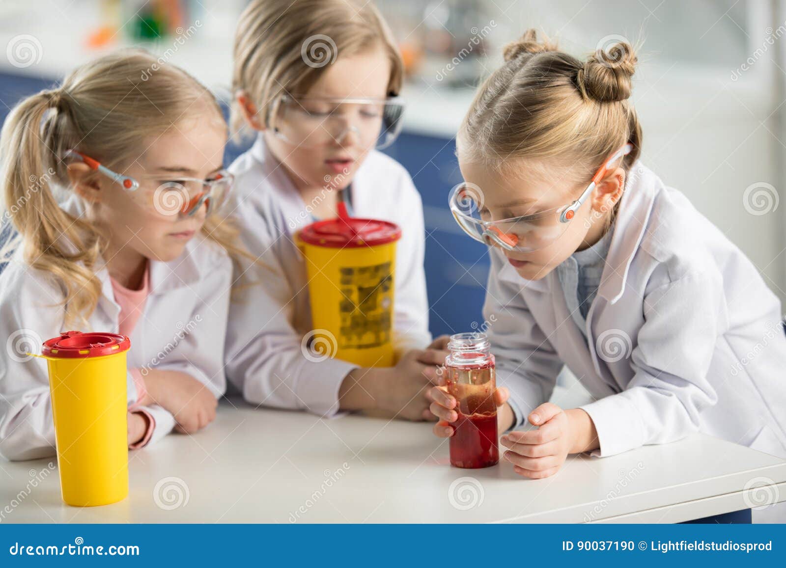 Kids in Protective Glasses Making Experiment Stock Photo - Image of ...