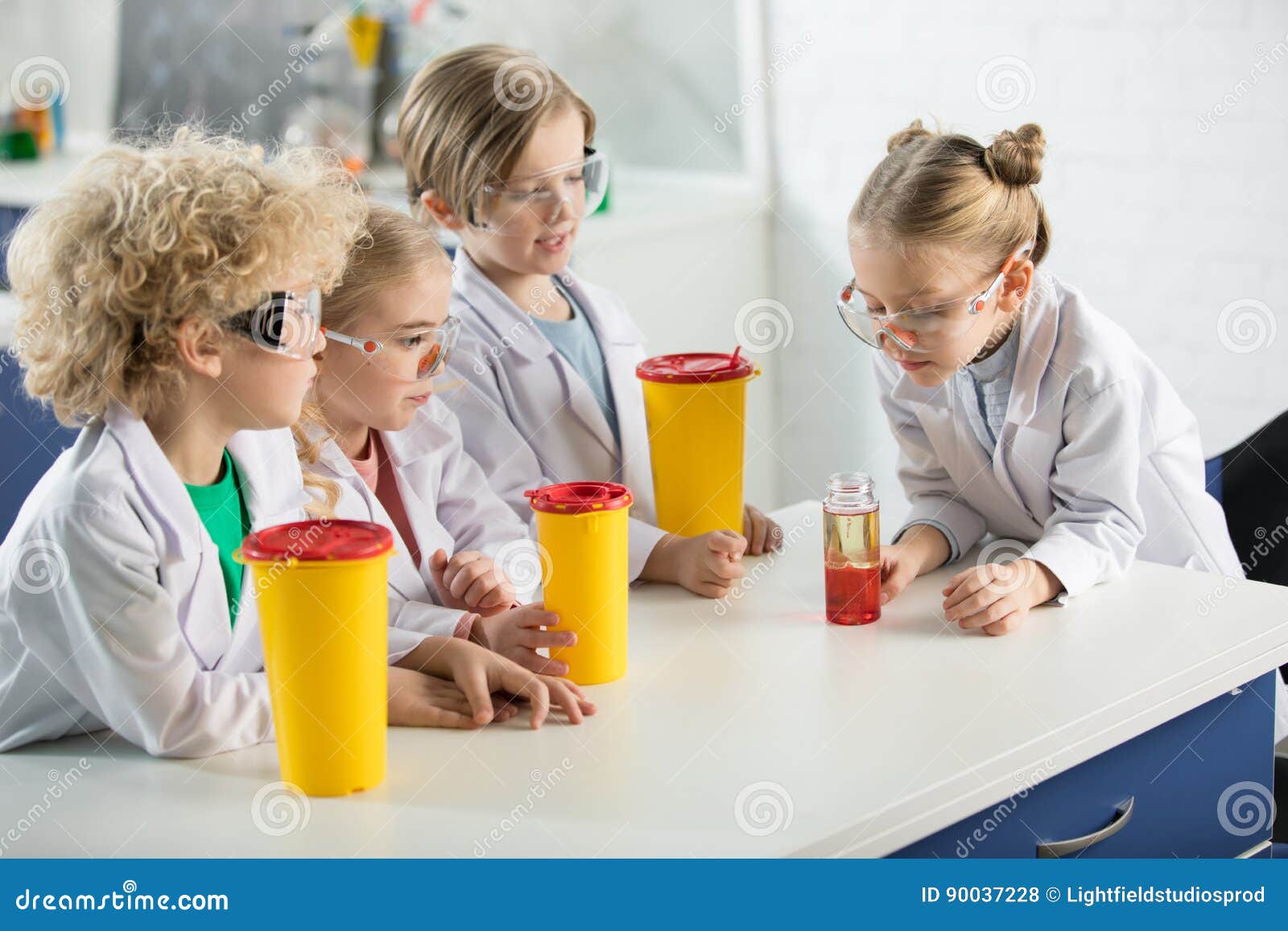Kids in Protective Glasses Making Experiment Stock Photo - Image of ...
