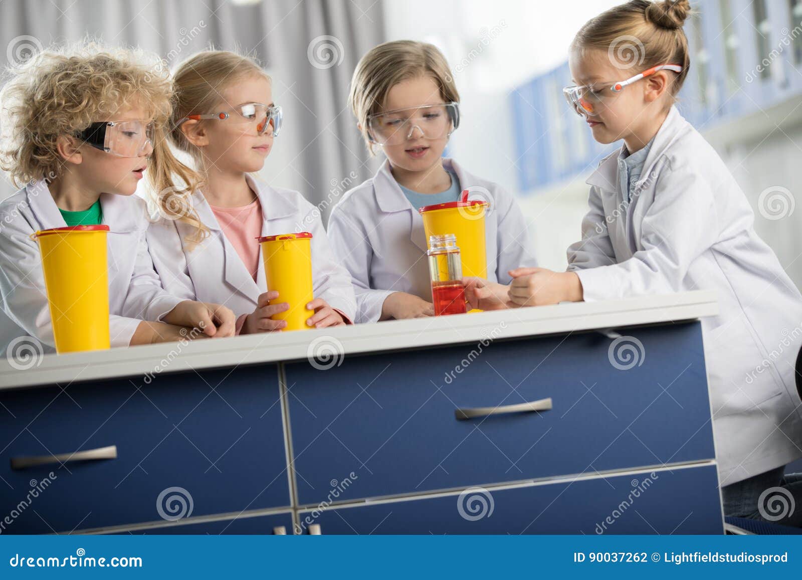 Kids in Protective Glasses Making Experiment Stock Photo - Image of ...