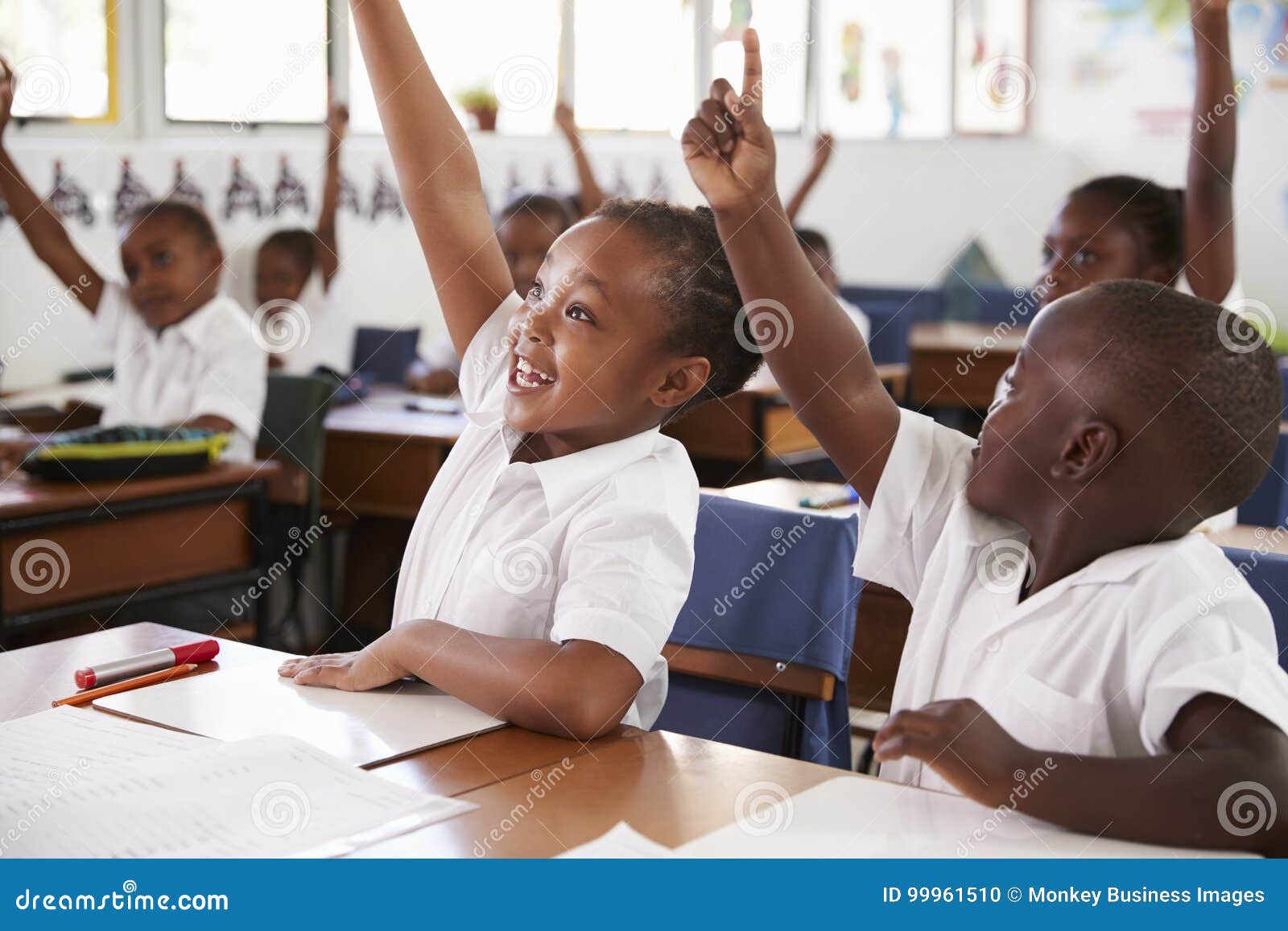Elementary Students Raising Their Hands