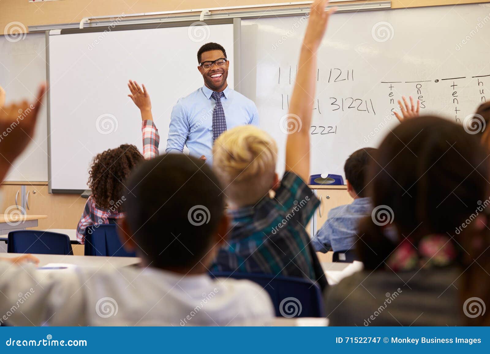 Kids Raising Hands To Answer in an Elementary School Class Stock Image ...