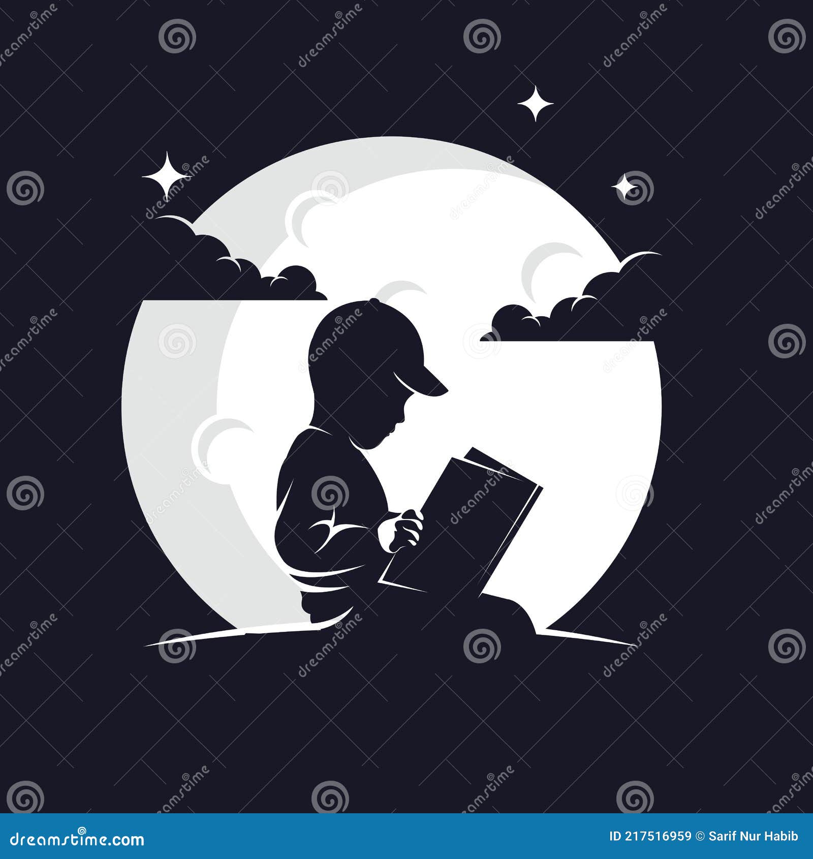 Kids Reading Book with Moon Background Logo Design Template Stock ...