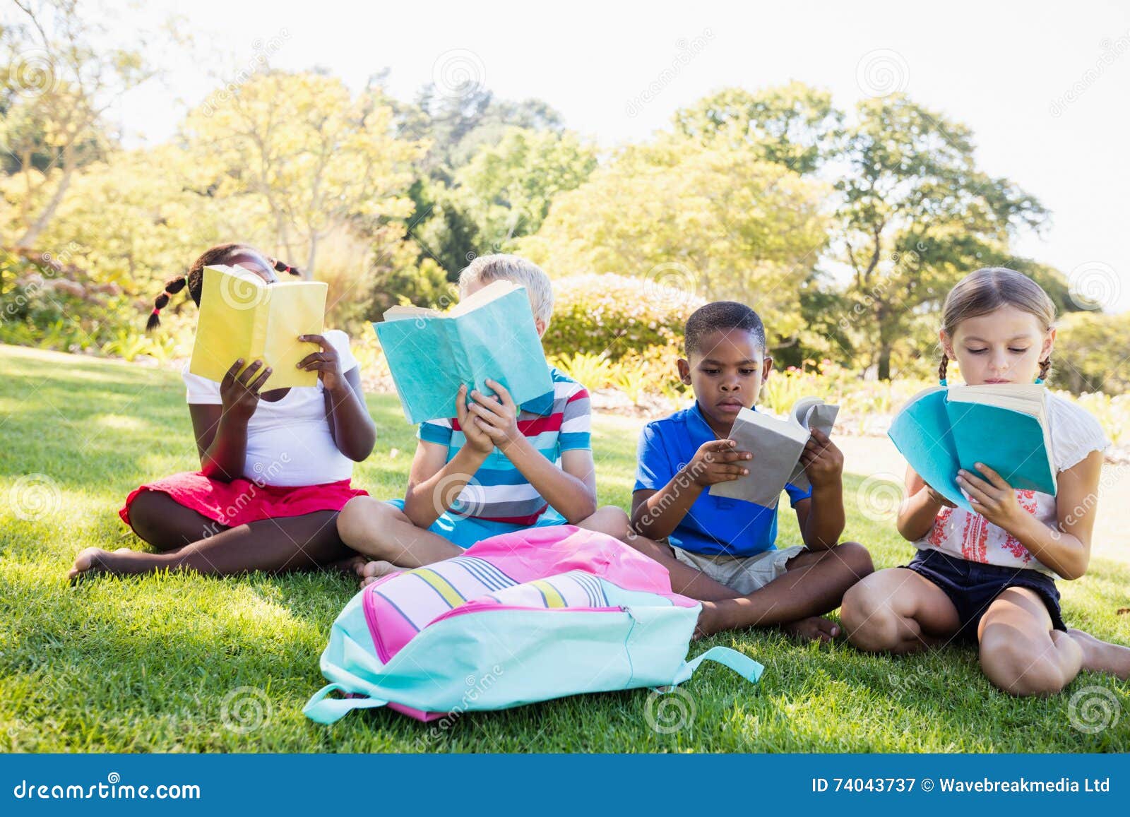 Kids Reading Books during a Sunny Day Stock Image - Image of green ...