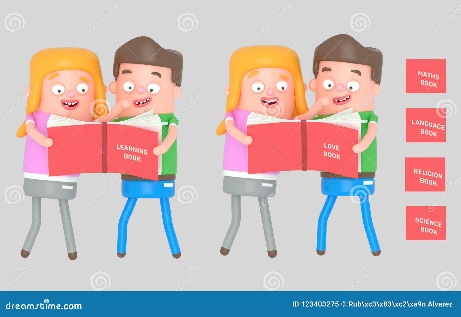 Kids Reading a Red Book. 3d Illustration Stock Illustration ...