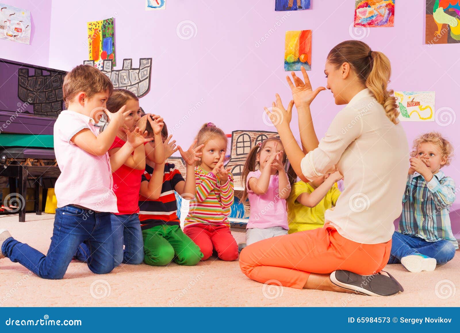 Kids Repeat Gesture in Classroom after Teacher Stock Image - Image of ...