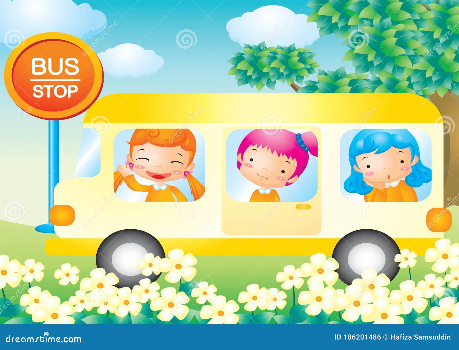 Kids Riding the Bus. Vector Illustration Decorative Design Stock Vector ...