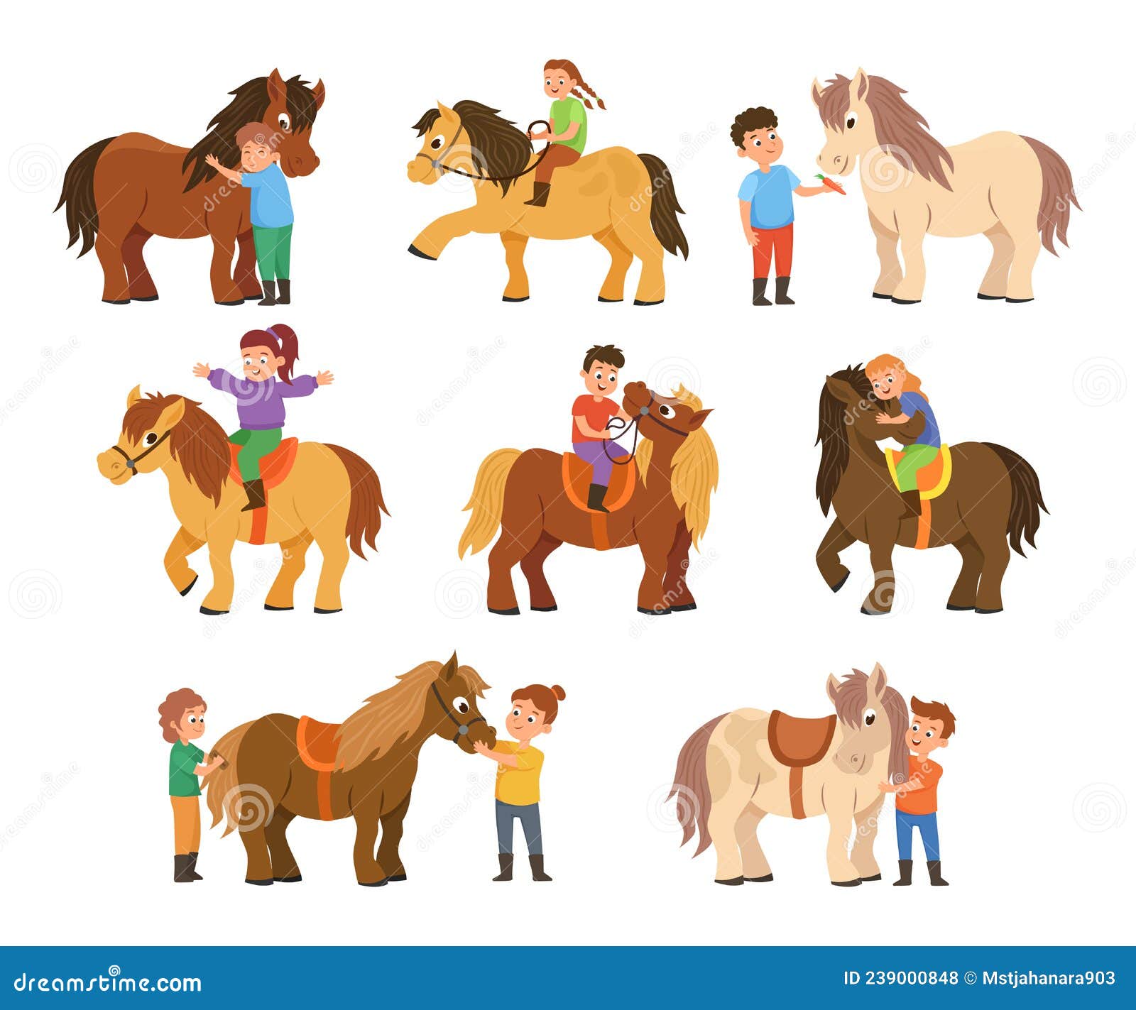 Kids riding horses set stock illustration. Illustration of feeding ...