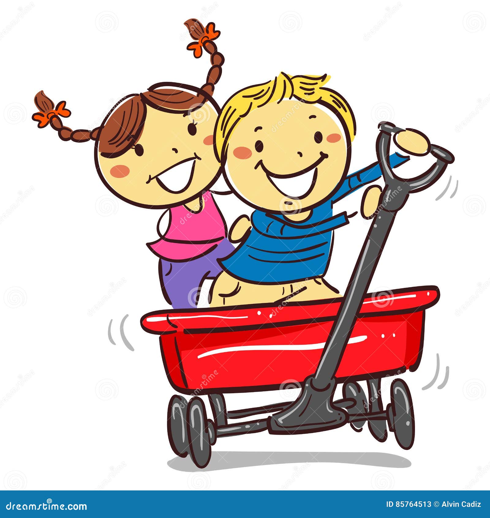 Kids Riding on a Red wagon stock vector. Illustration of playful - 85764513