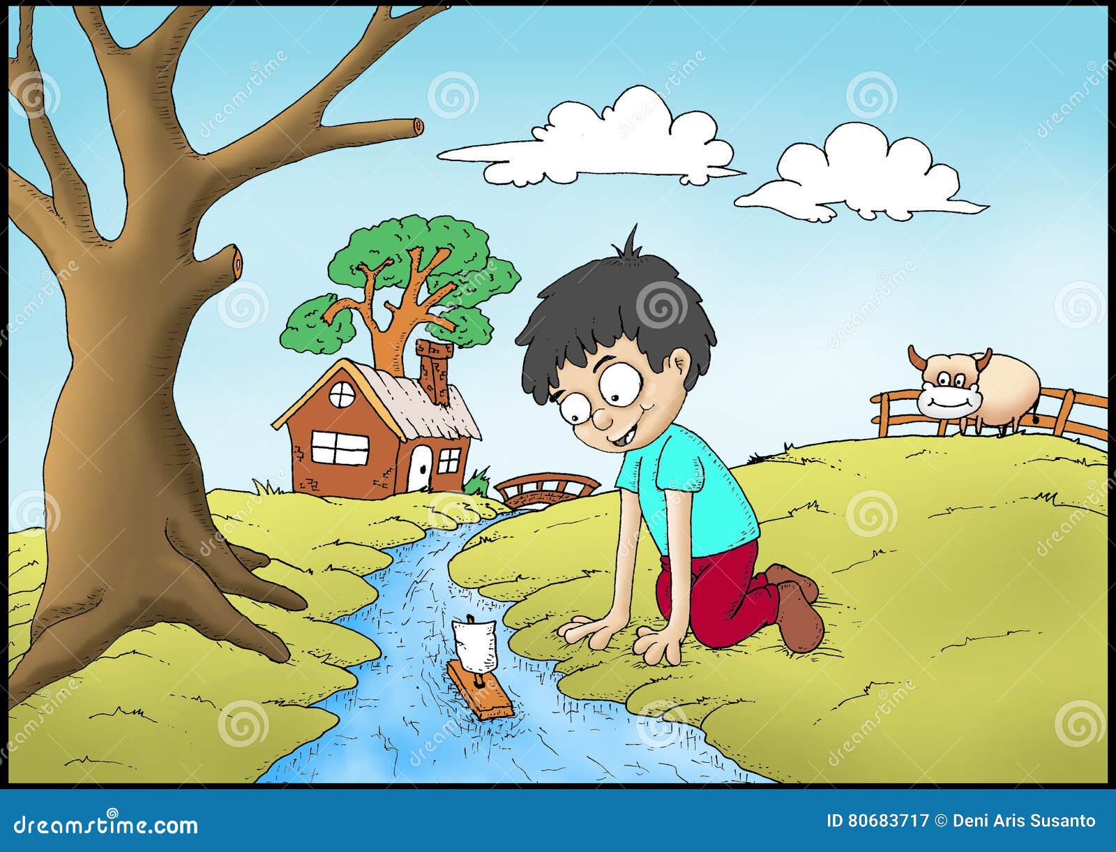 Kids at the riverbank stock illustration. Illustration of graphic ...