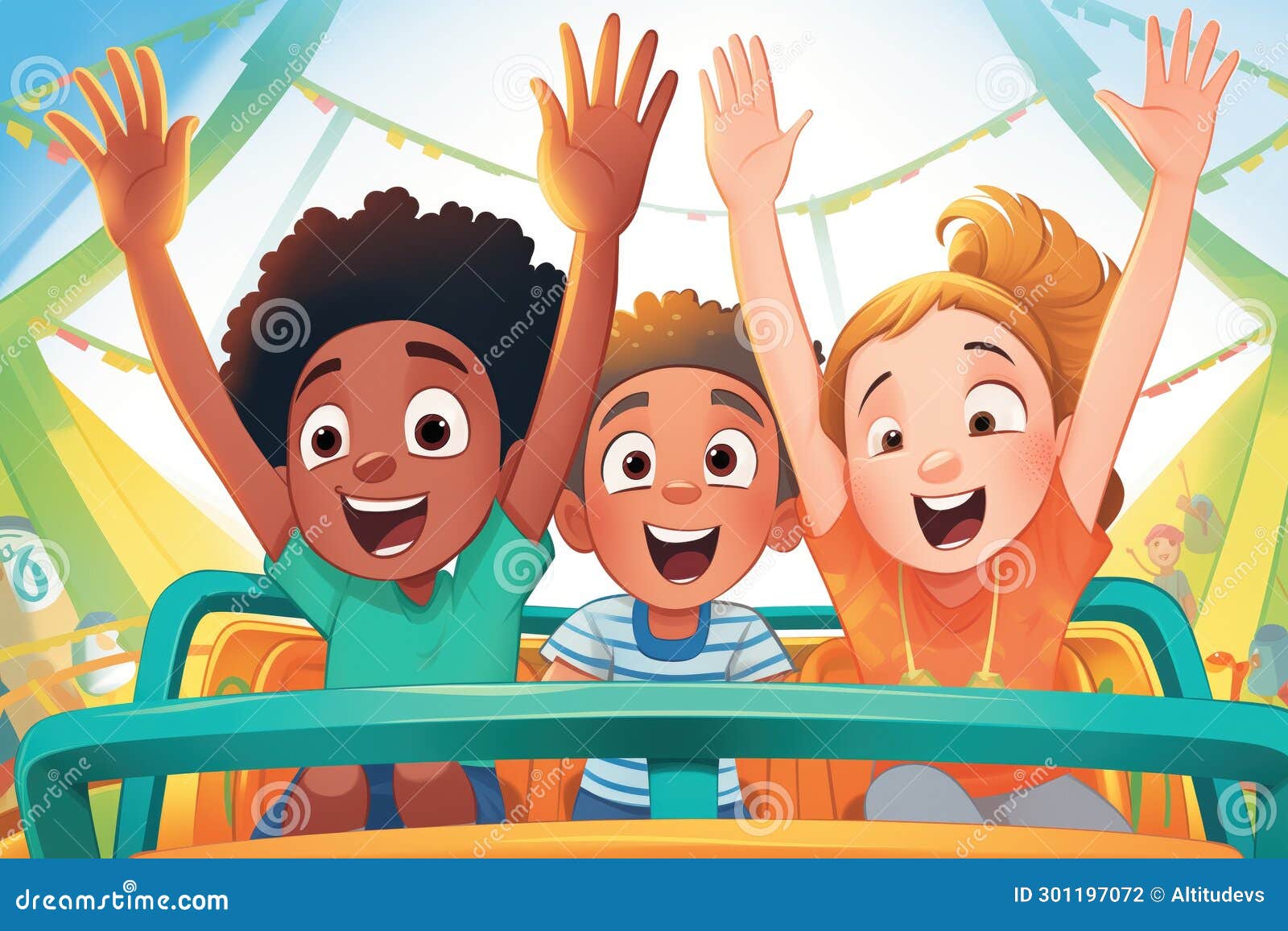 Kids on a Roller Coaster with Hands in the Air Stock Photo - Image of ...