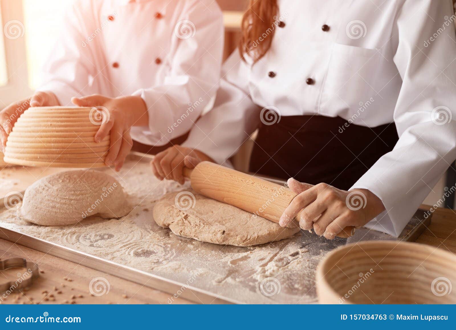 Kids Rolling Dough and Making Bread Stock Image - Image of together ...