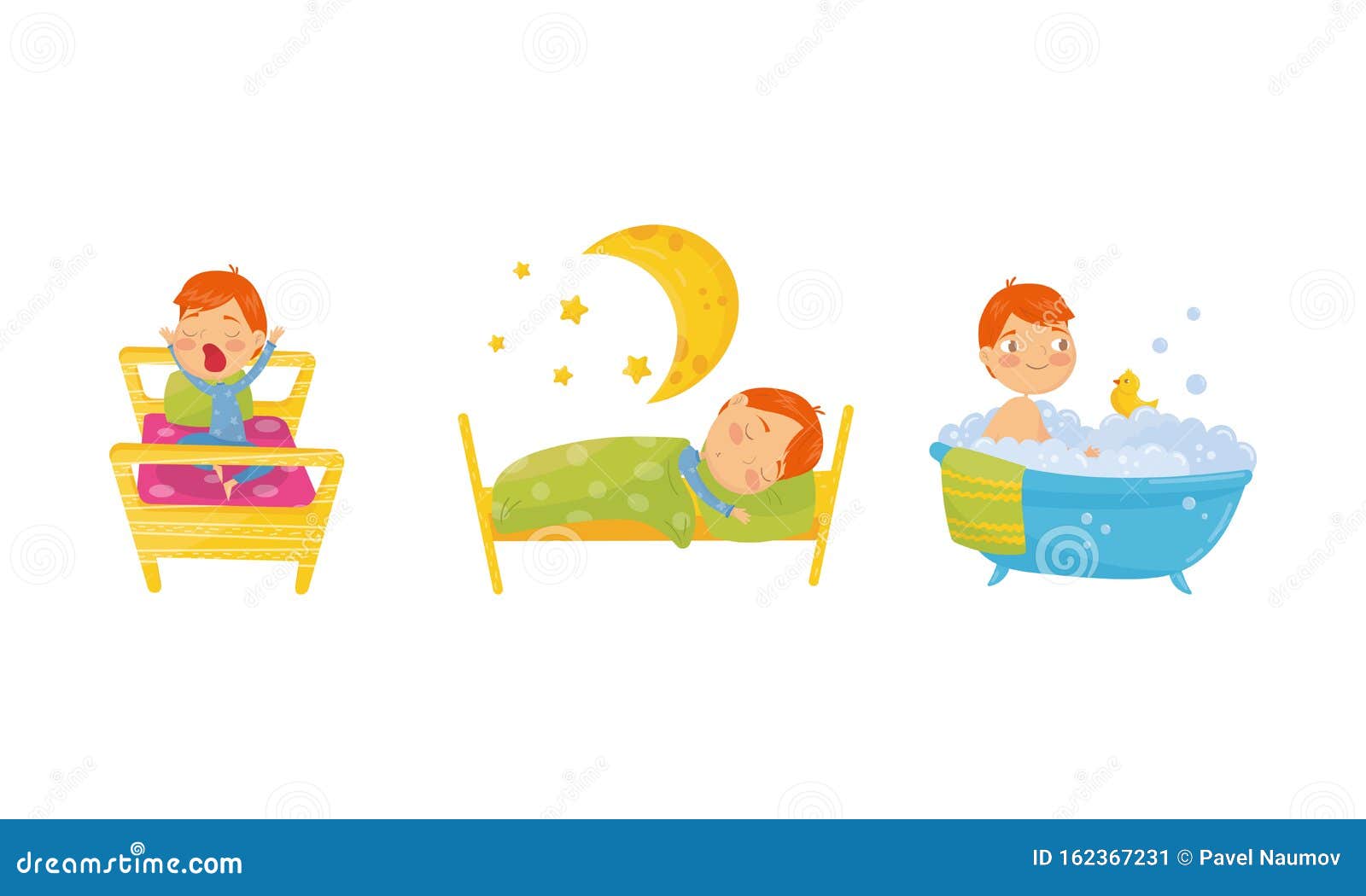 Kids daily Routine Vector Illustrations Set. Boy Character Getting Up ...