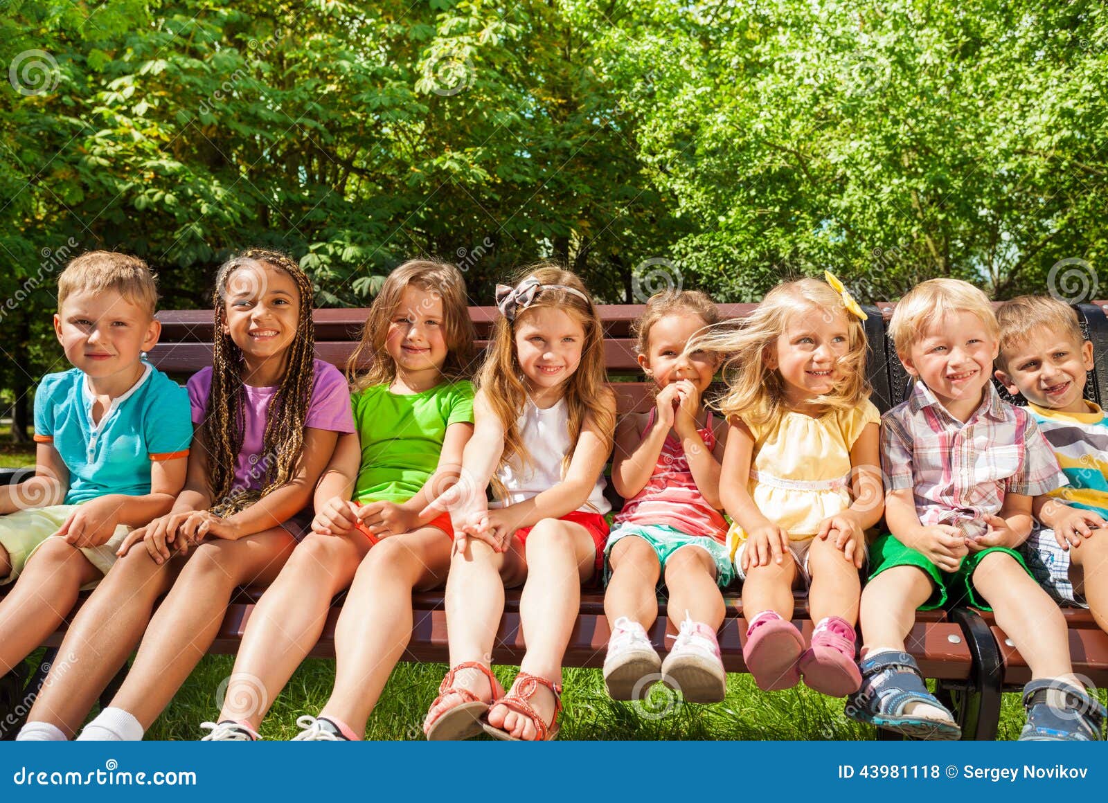 Kids In Row On The Bench, Summer Park Stock Photo - Image: 43981118 Kids In Row On The Bench, Summer Park Stock Photo - Image: 43981118