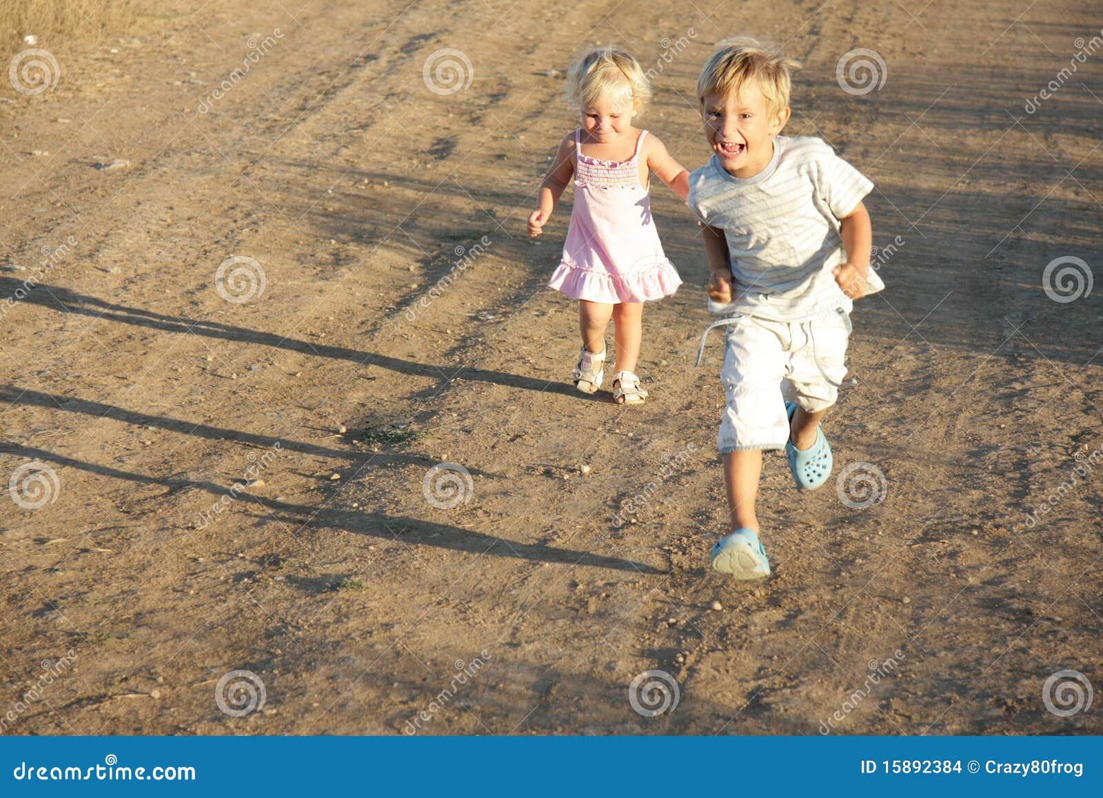 Kids Running by Country Road Stock Photo - Image of lovely, portrait ...
