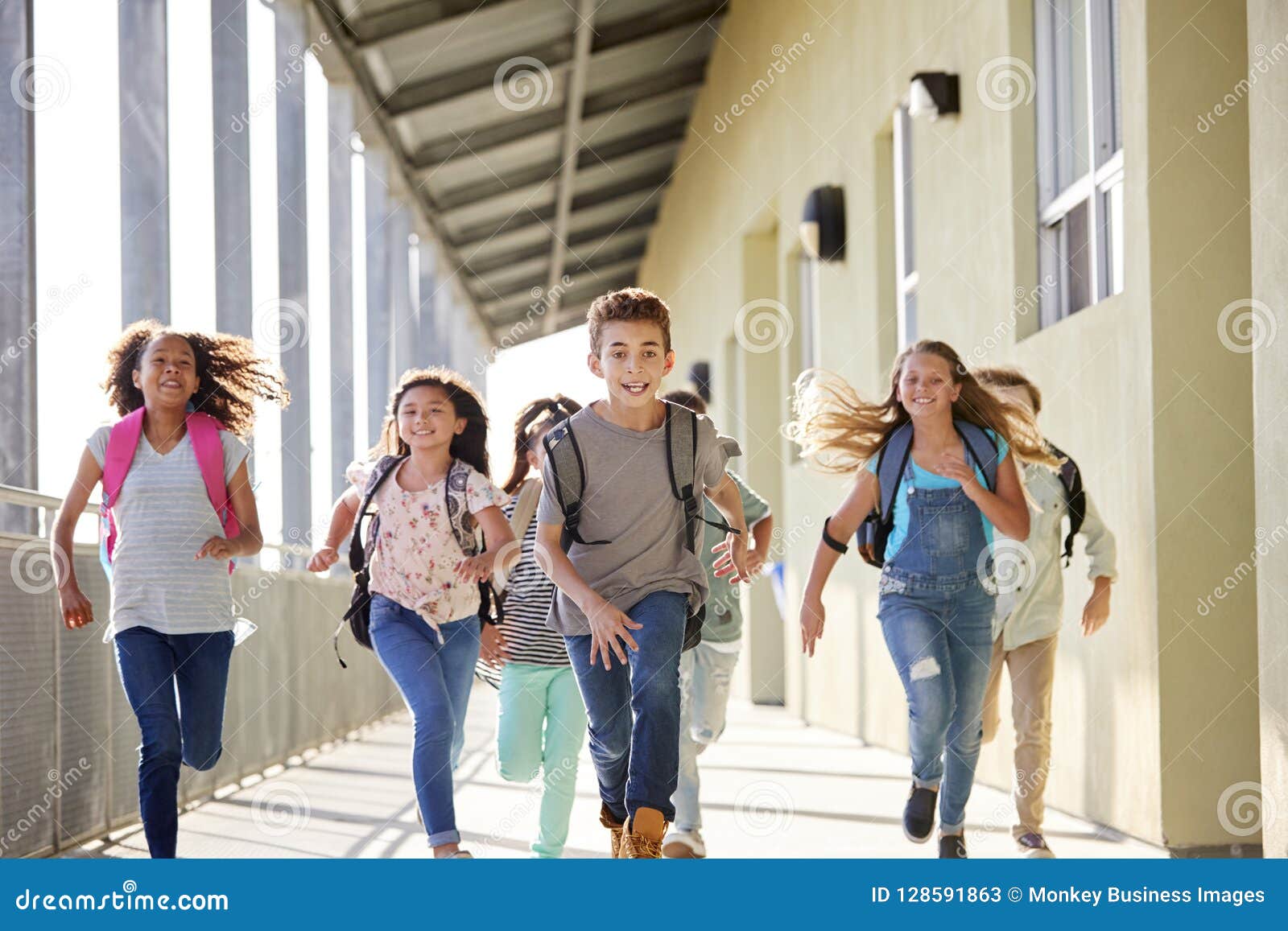 Kids Running in Elementary School Corridor, Close Up Stock Image ...