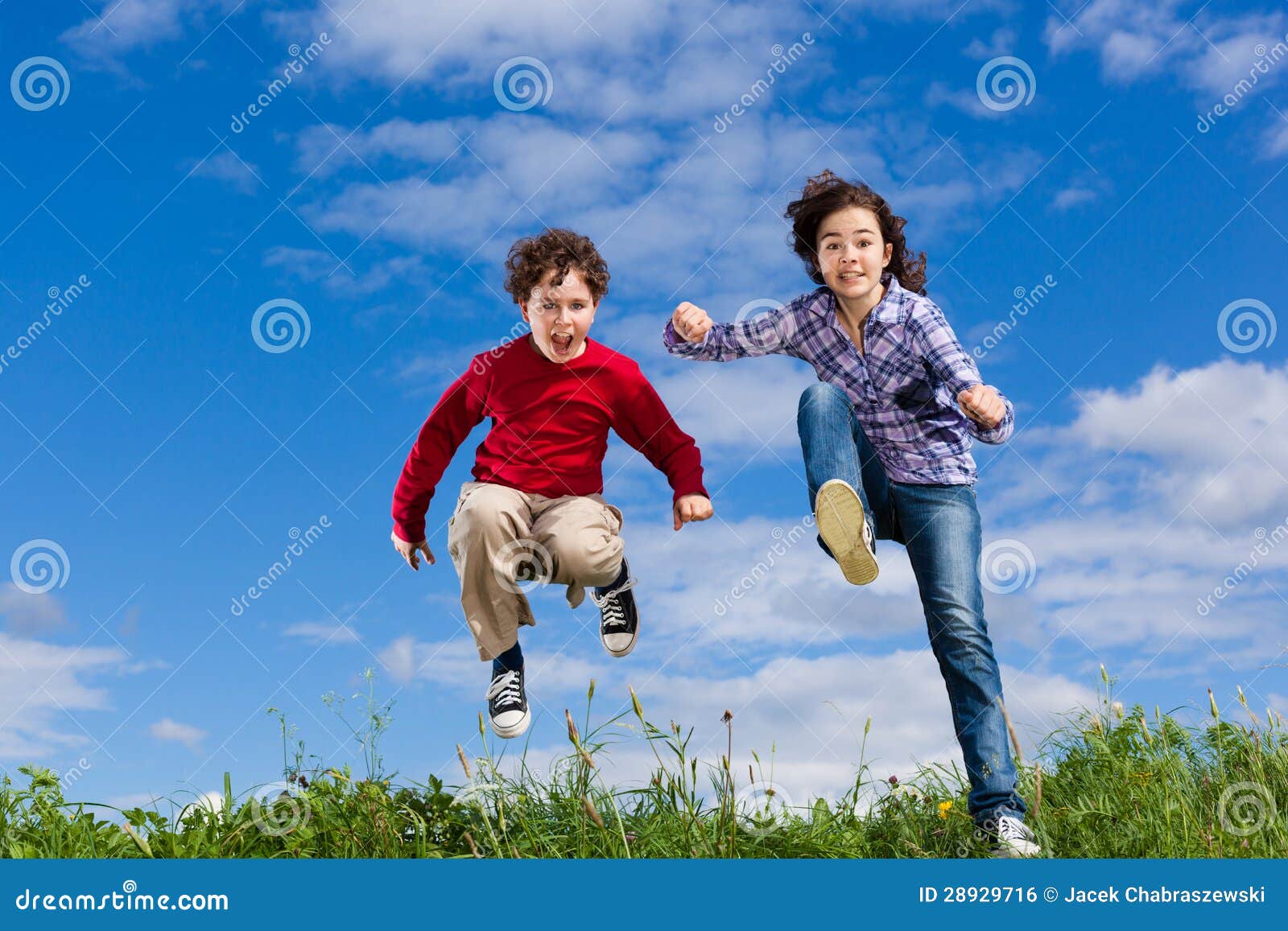 Kids Running, Jumping Outdoor Stock Photo - Image of horizontal, joyful ...