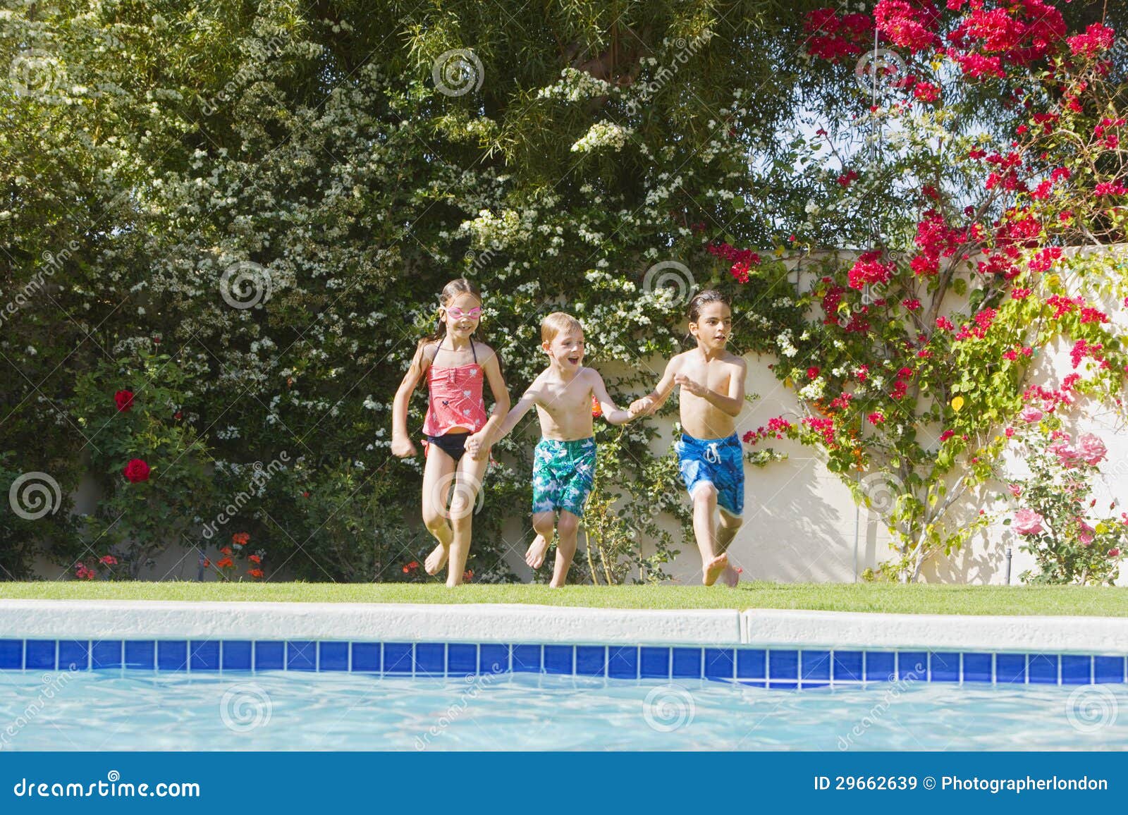 Kids Running Toward Swimming Pool Stock Image - Image of hands ...