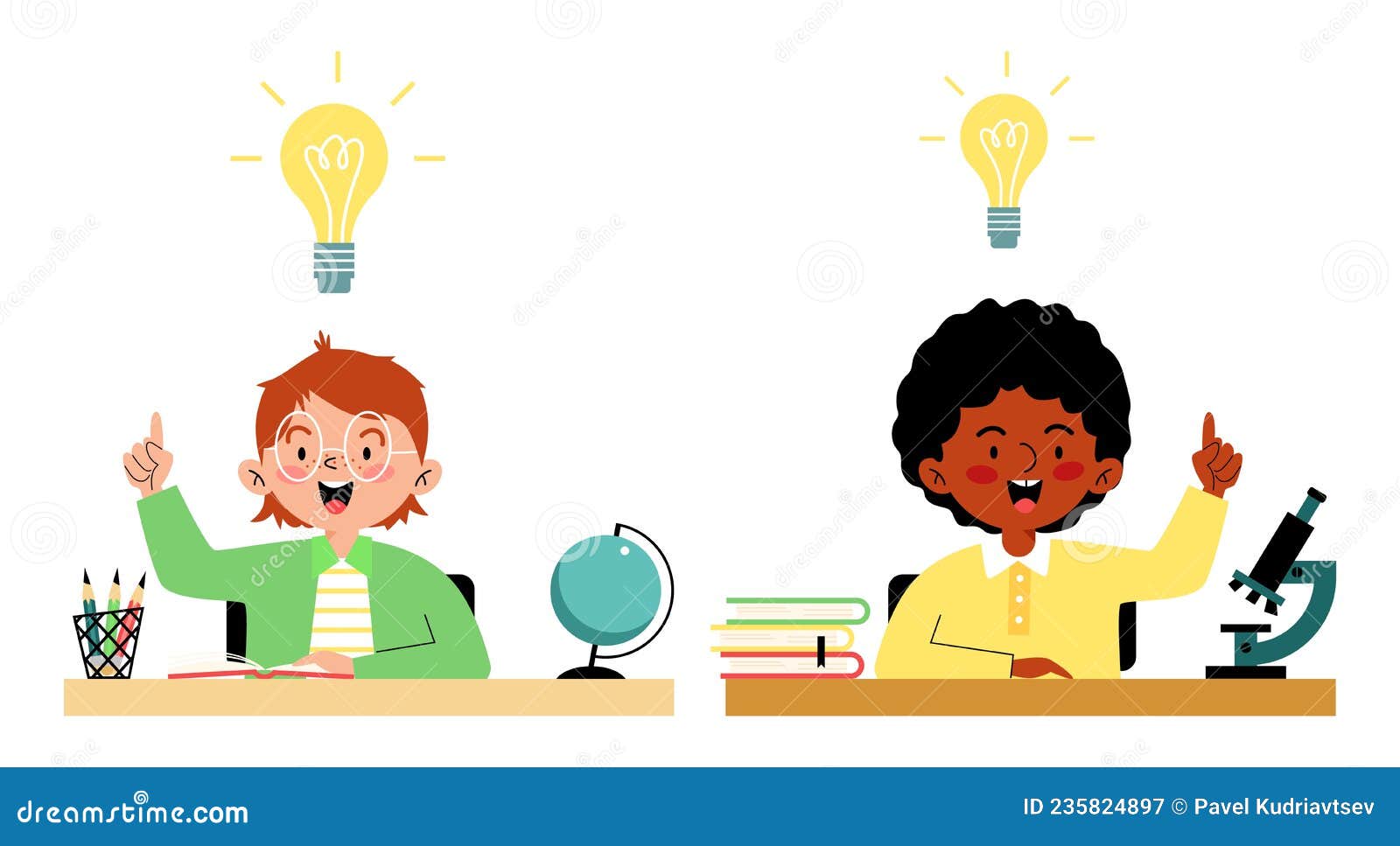 Kids School Students Having Solution or Idea, Flat Vector Illustration ...