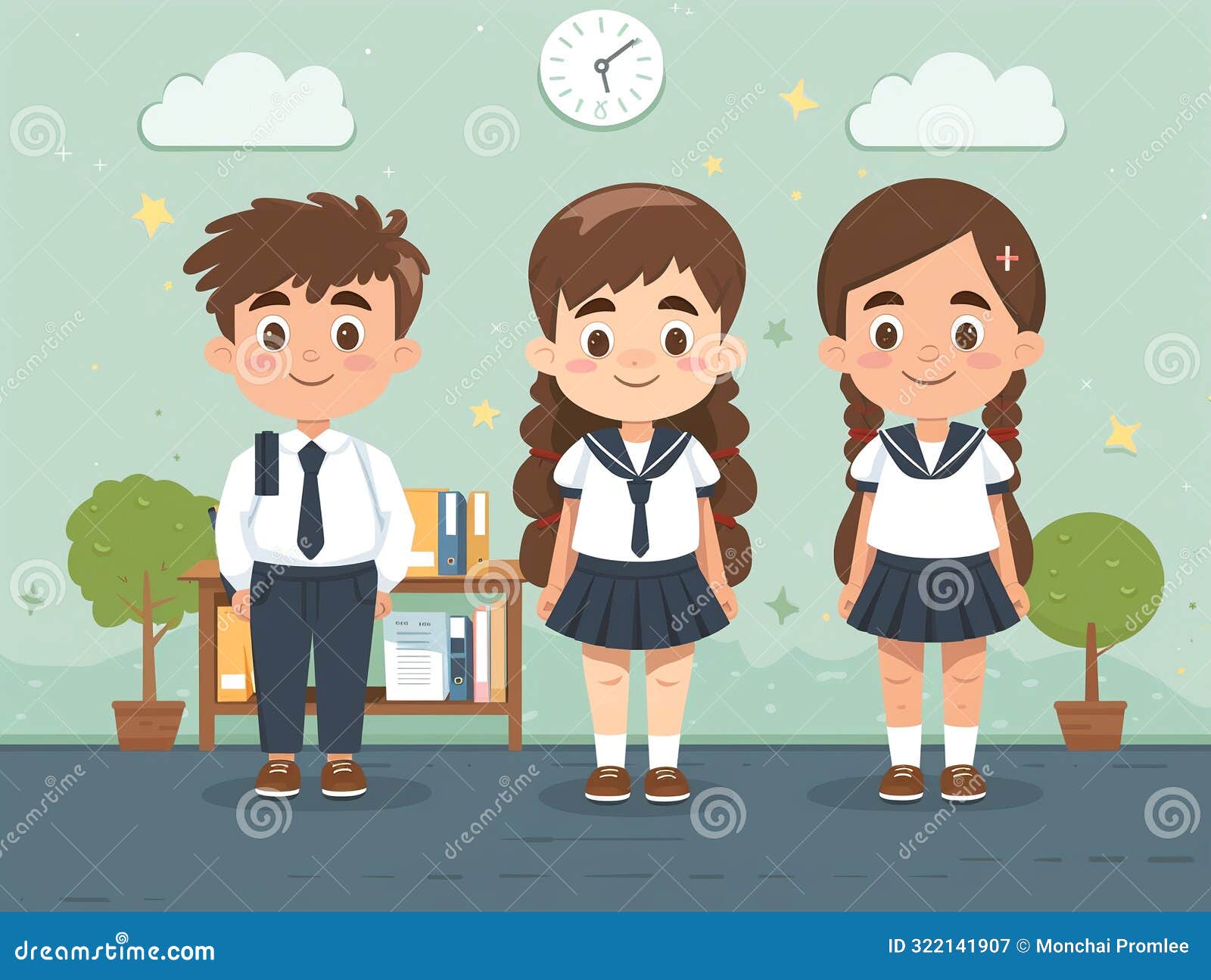 Kids In School Uniforms Flat Design Front View Classroom Theme Cartoon ...
