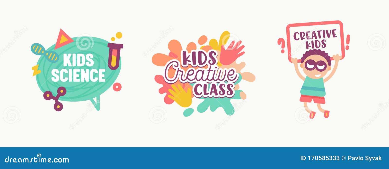 Kids Science, Creative Class Banners, Stickers or Badges Set Cute ...