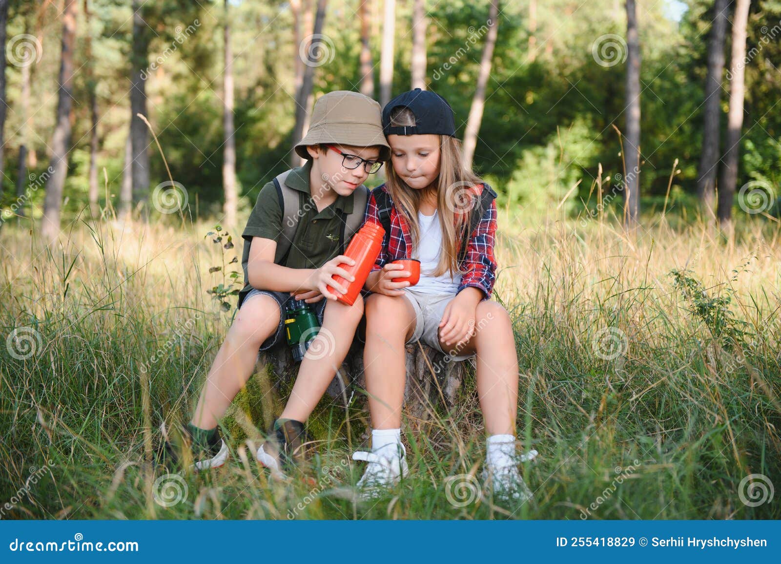 Kids scouts in the forest. stock image. Image of green - 255418829