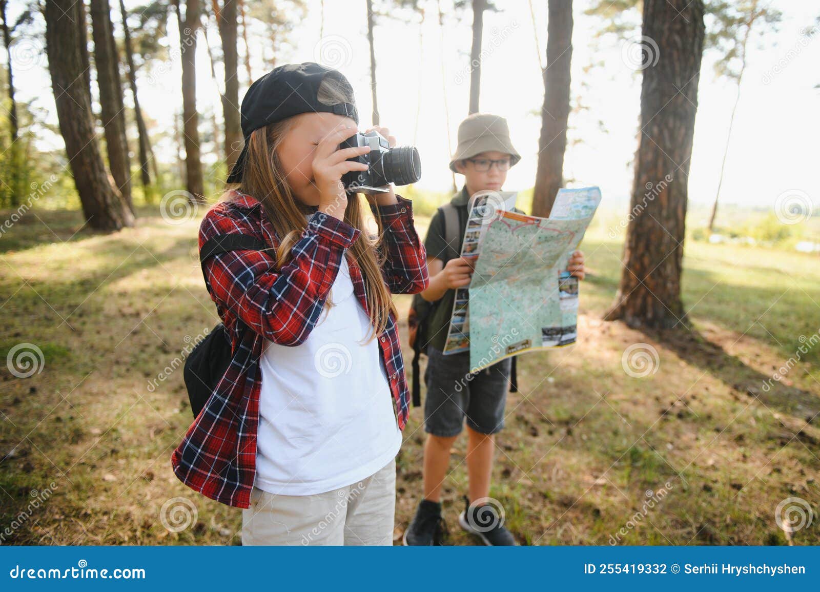 Kids scouts in the forest. stock photo. Image of childhood - 255419332