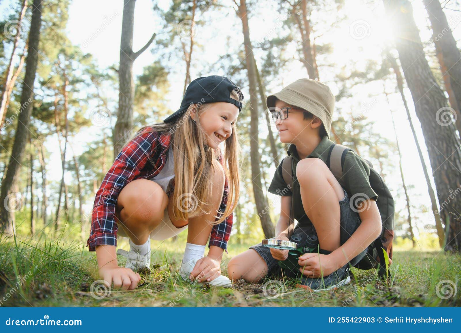 Kids scouts in the forest. stock image. Image of brother - 255422903