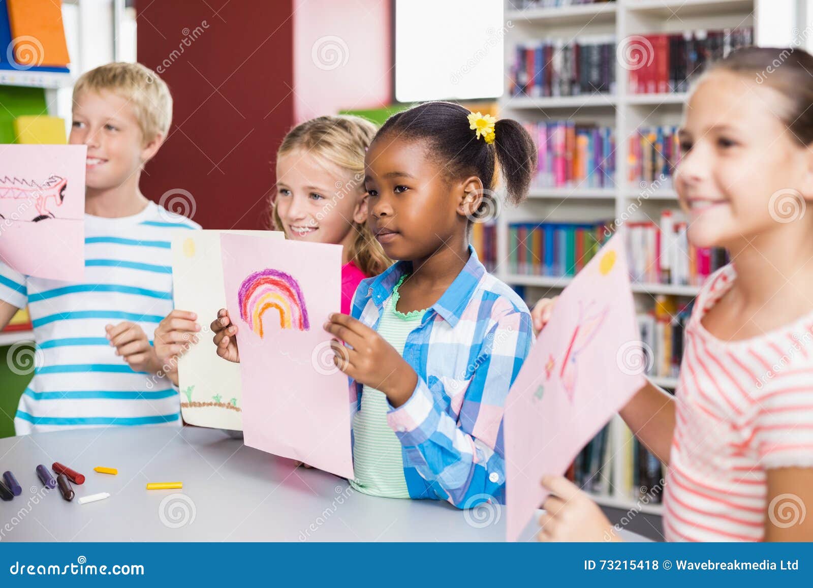Kids Showing Drawing in Library Stock Photo - Image of cheerful ...