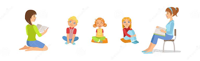 Kids Sit on Floor and Listen To Woman Read Fairytale Vector Set Stock ... Kids Sit on Floor and Listen To Woman Read Fairytale Vector Set Stock ...