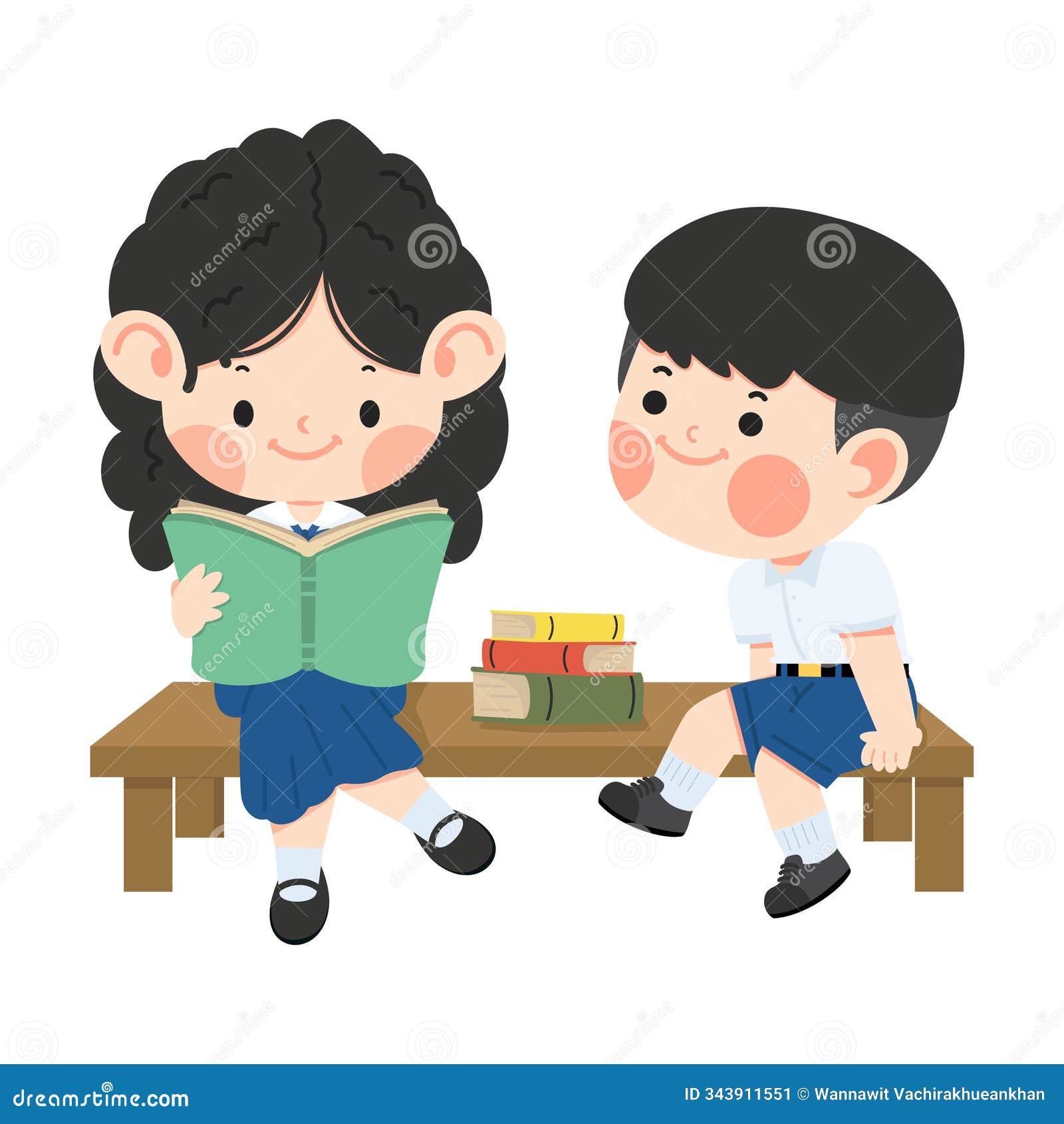 Kids Sitting on a Bench Reading Books Stock Vector - Illustration of ...