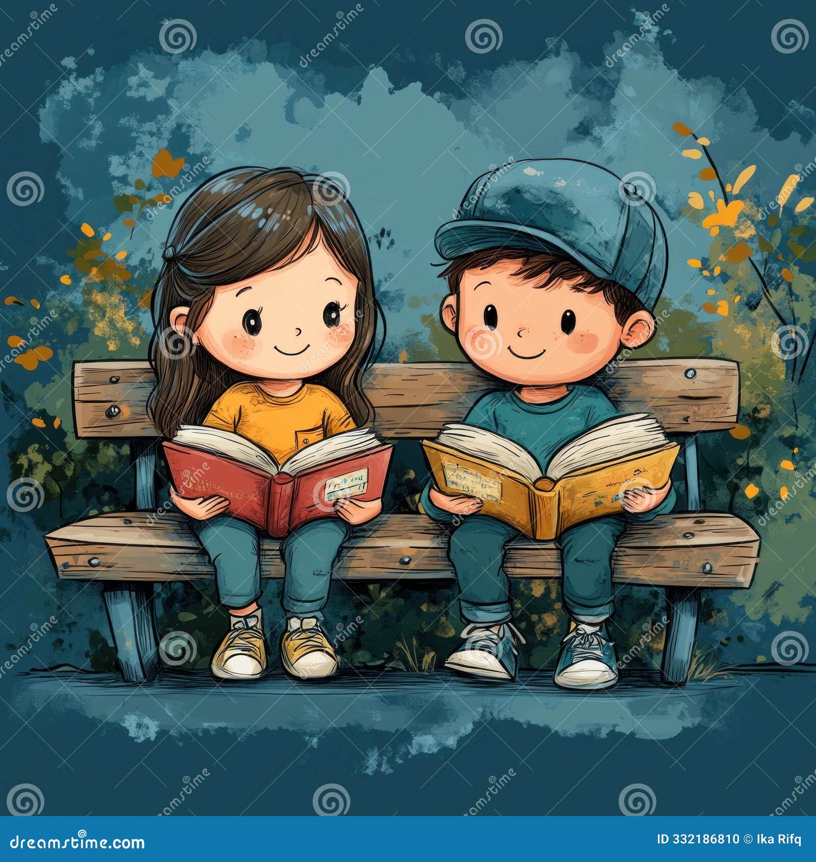 Kids Sitting on Bench Reading Books Illustration Stock Illustration ...