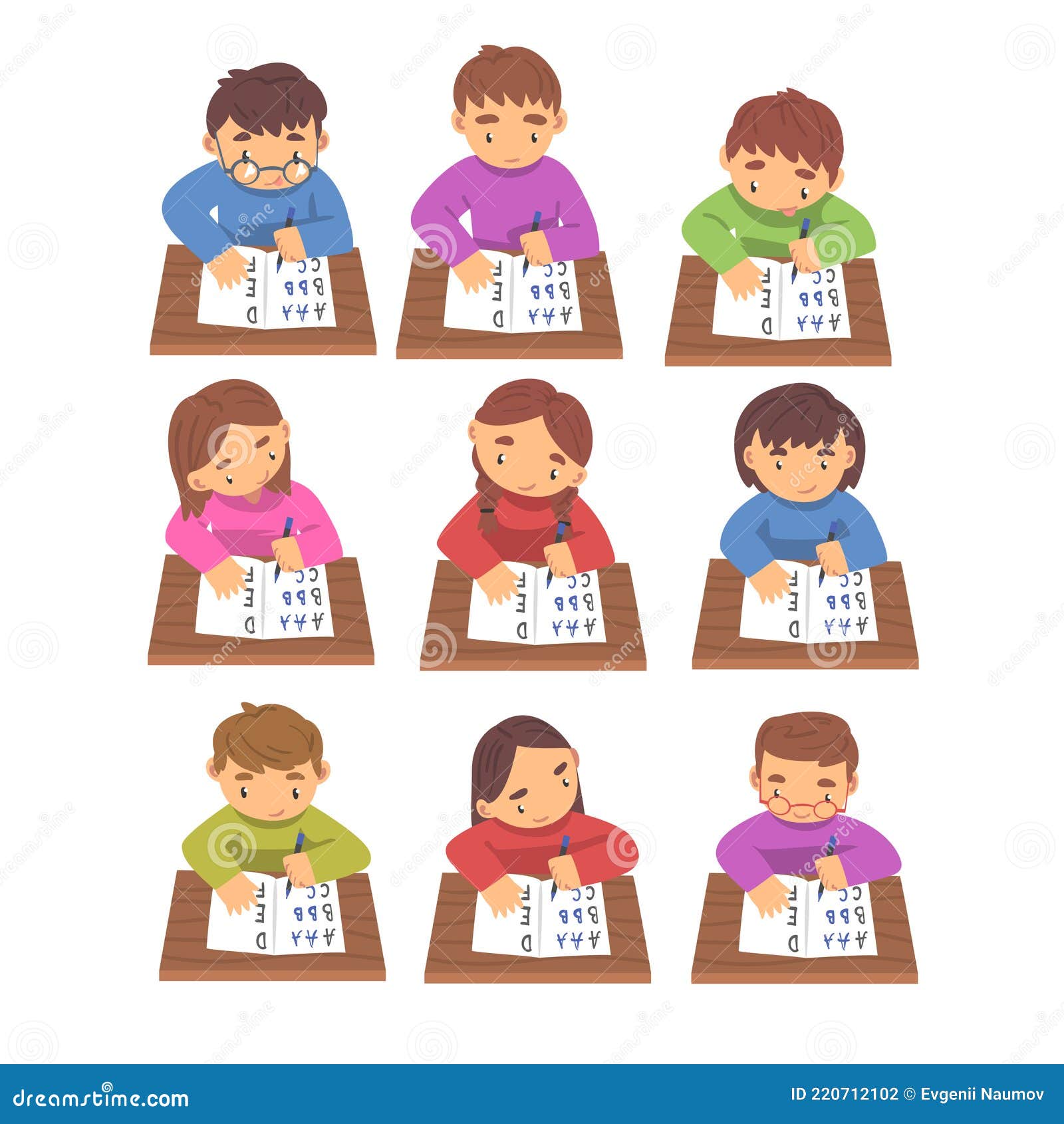 Kids Sitting at Desk and Writing Letters in Notebook Set, Elementary ...