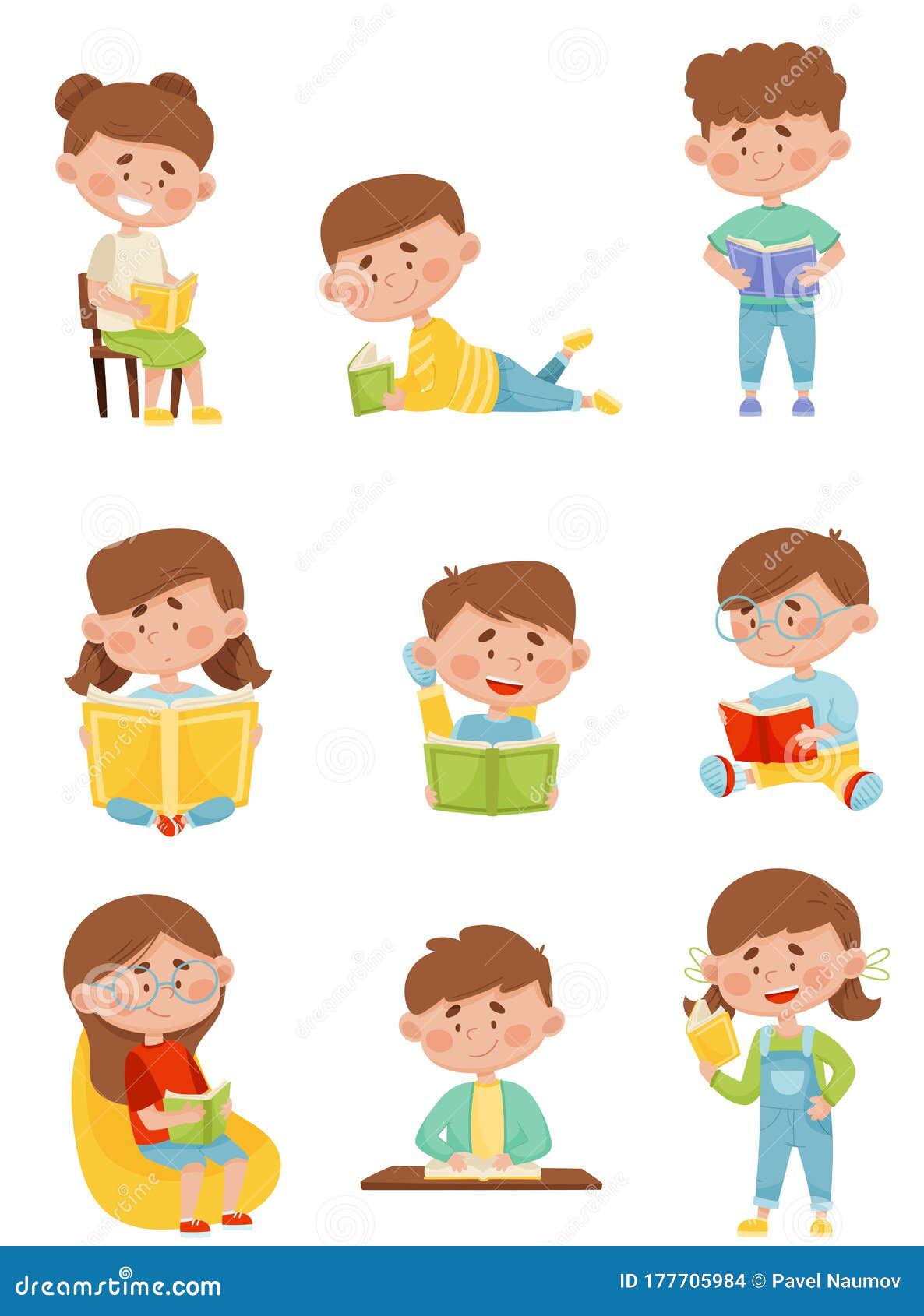 Kids in Sitting and Lying Pose Reading Book Vector Illustrations Set ...