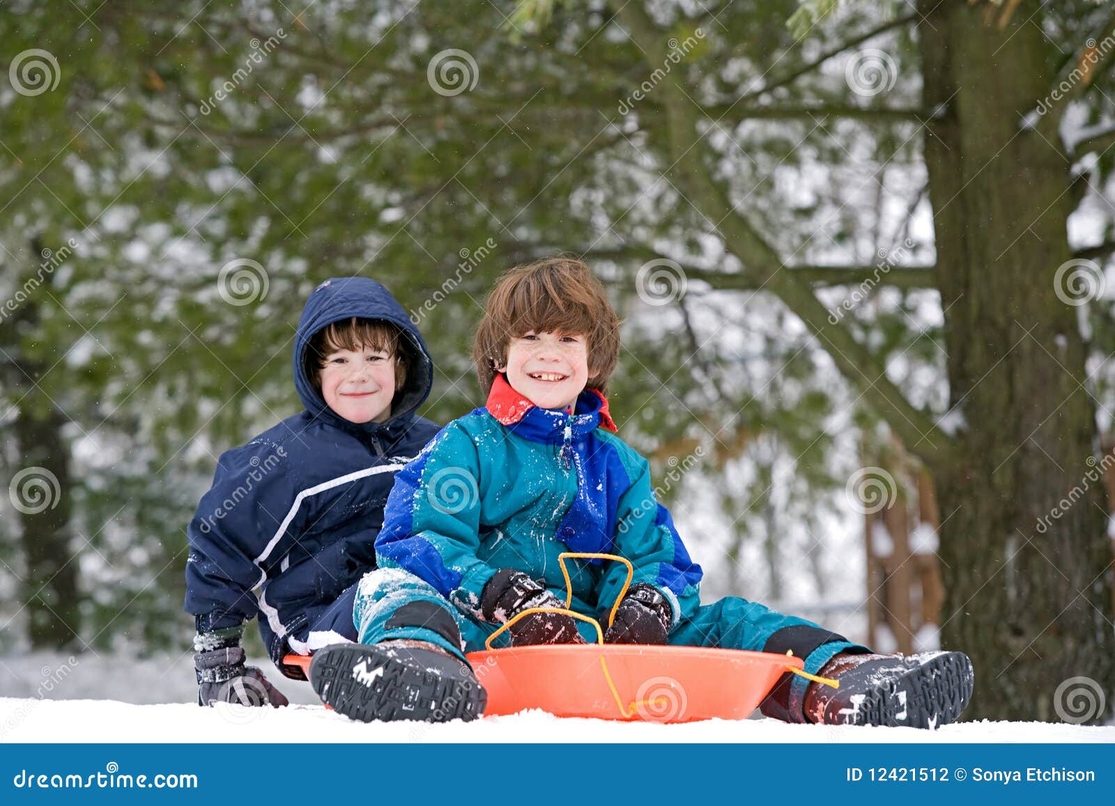Kids Sledding stock photo. Image of friends, friendship - 12421512