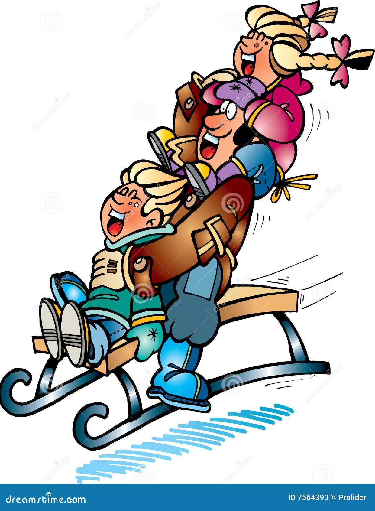 Kids sliding in the snow stock illustration. Illustration of fast - 7564390