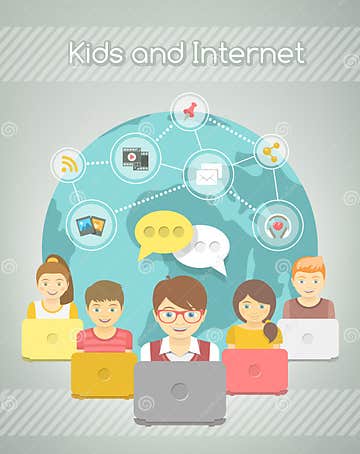 Kids Social Networking on the Internet of Group with Computers Stock ...