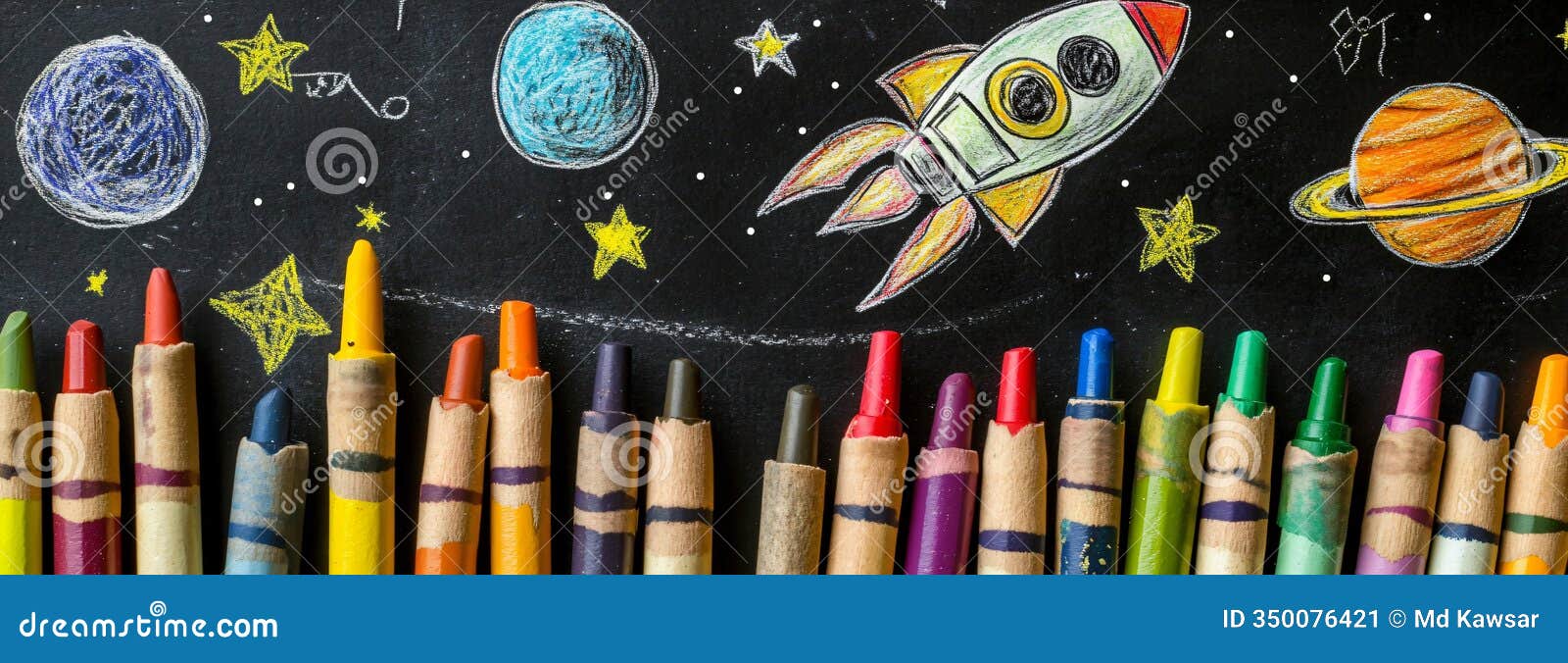 Kids Space Rocket Crayon Drawing on Blackboard High Quality Image Stock ...