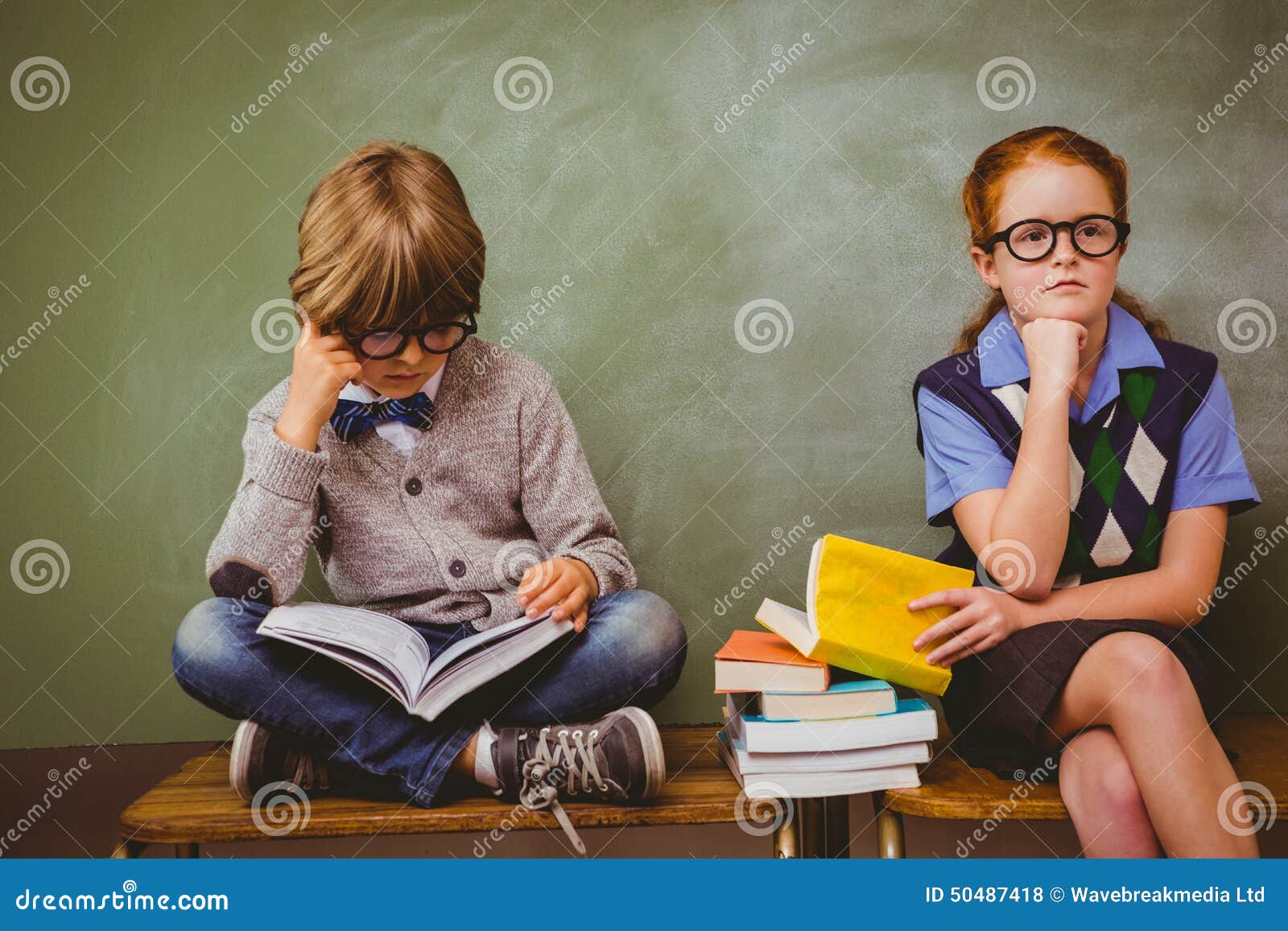 Kids with Stack of Books in Classroom Stock Photo - Image of chin, pile ...