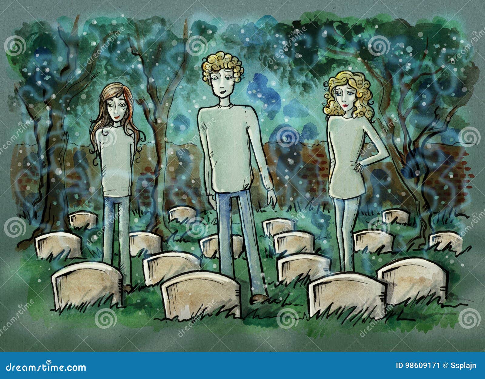 Kids Standing on the Graveyard Stock Illustration - Illustration of ...