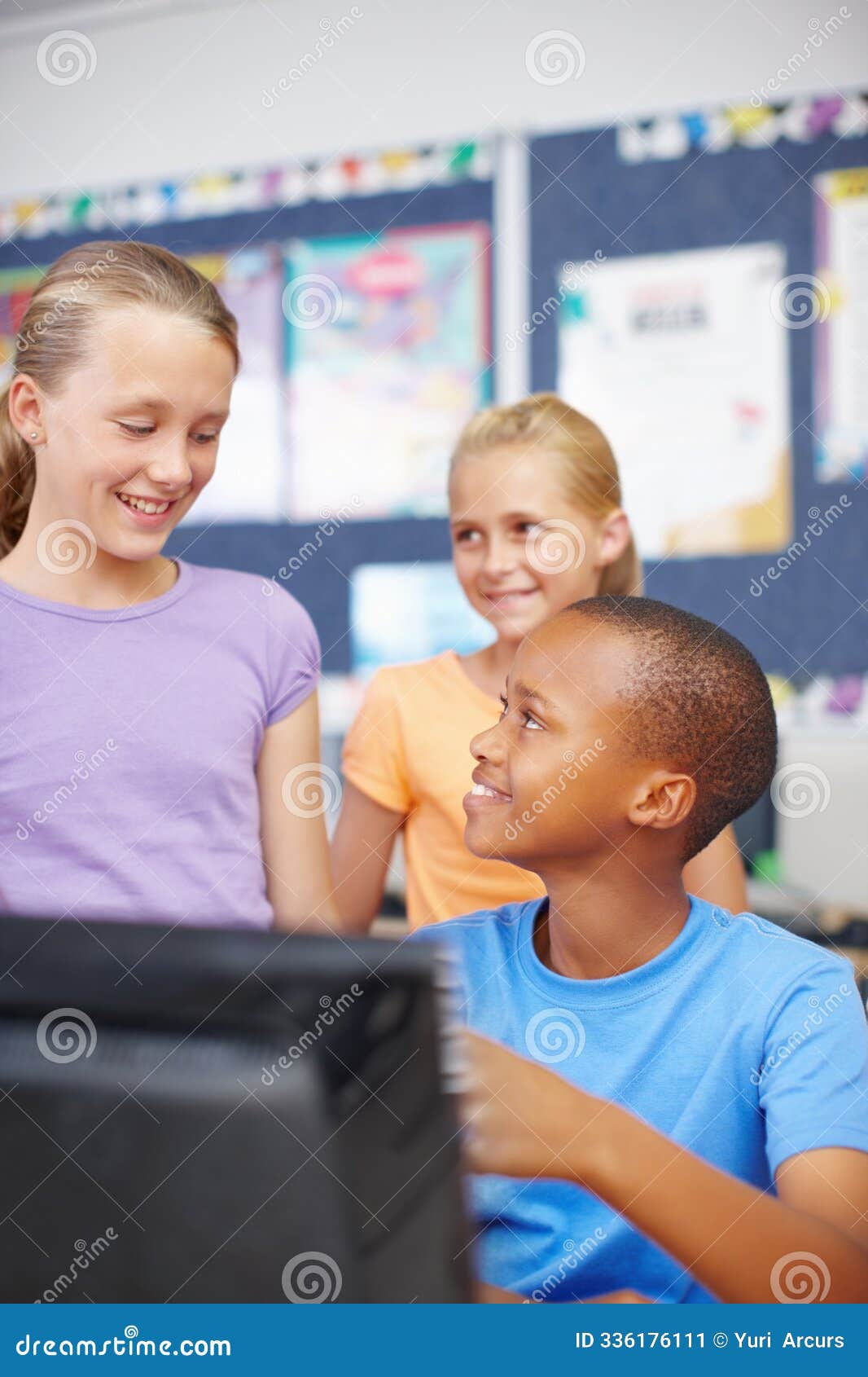 Kids, Students and Smile in Classroom on Computer with Group Work or ...