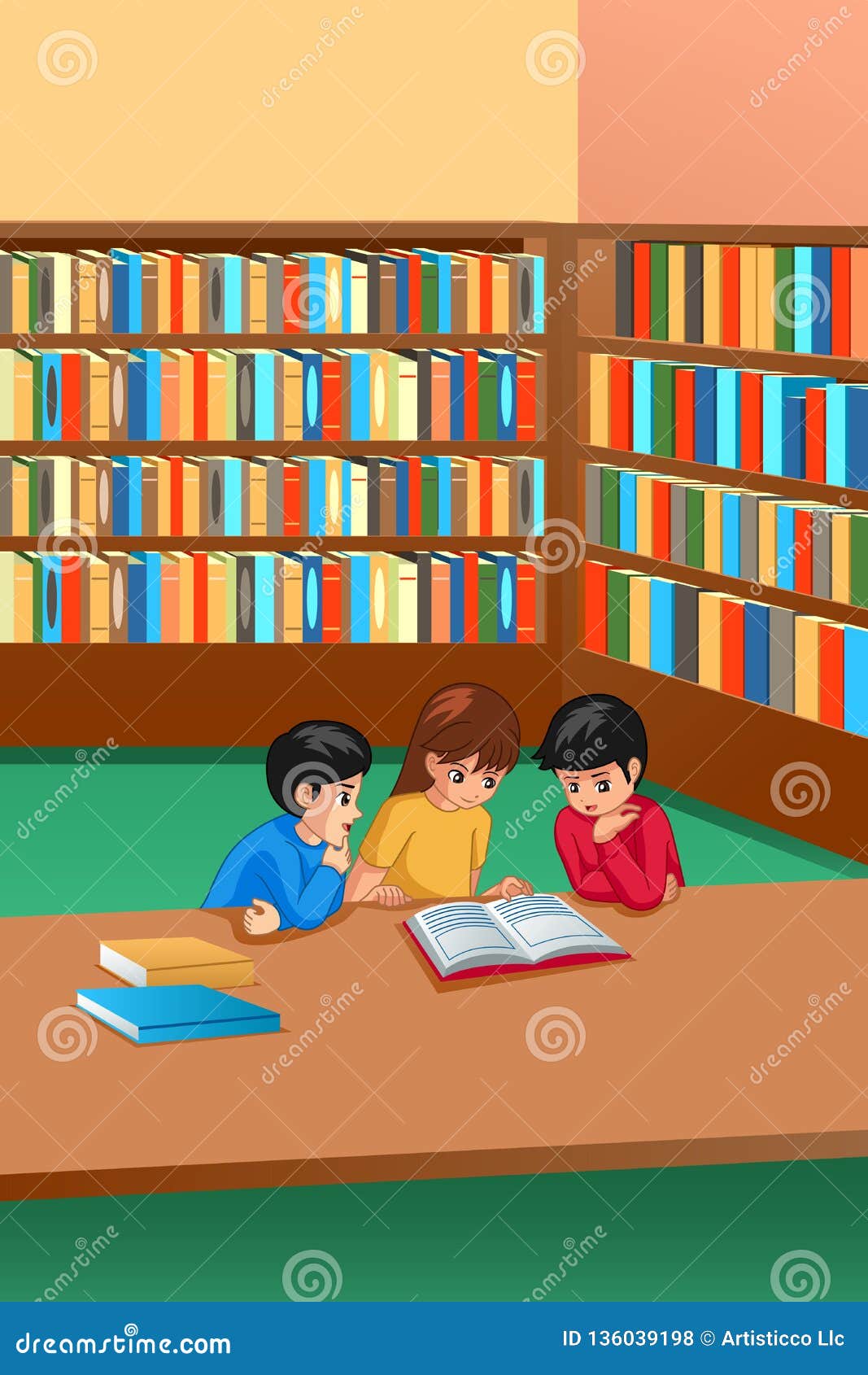 Kids Studying in Library Illustration Stock Vector - Illustration of ...