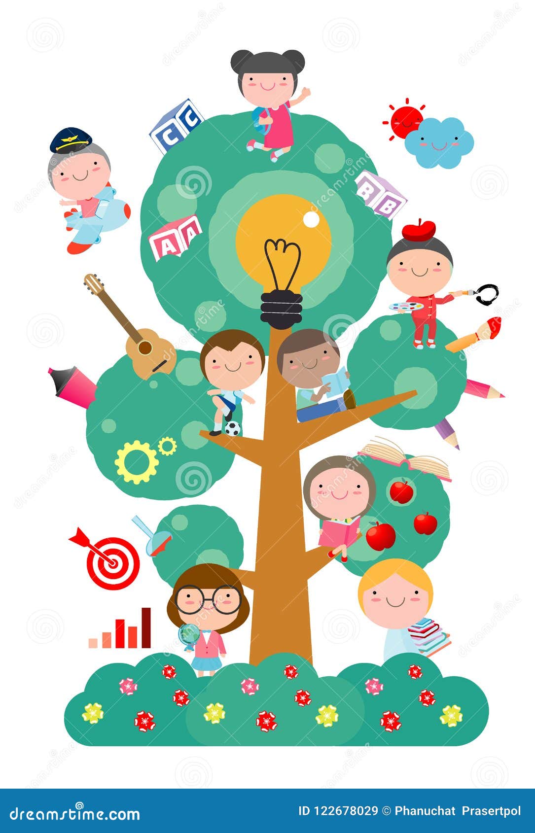 Kids Studying on Tree with Different Education Object,School Tree of ...
