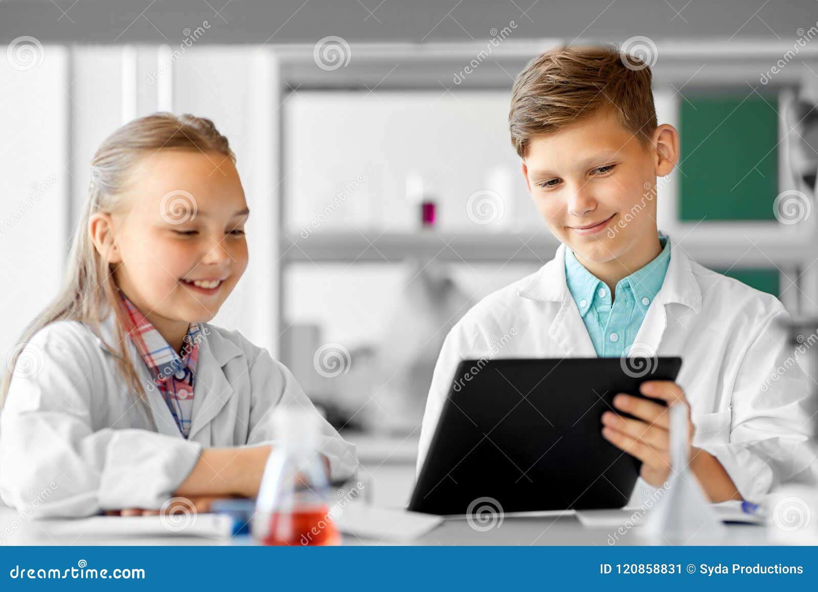 Kids with Tablet Pc at School Laboratory Stock Image - Image of ...