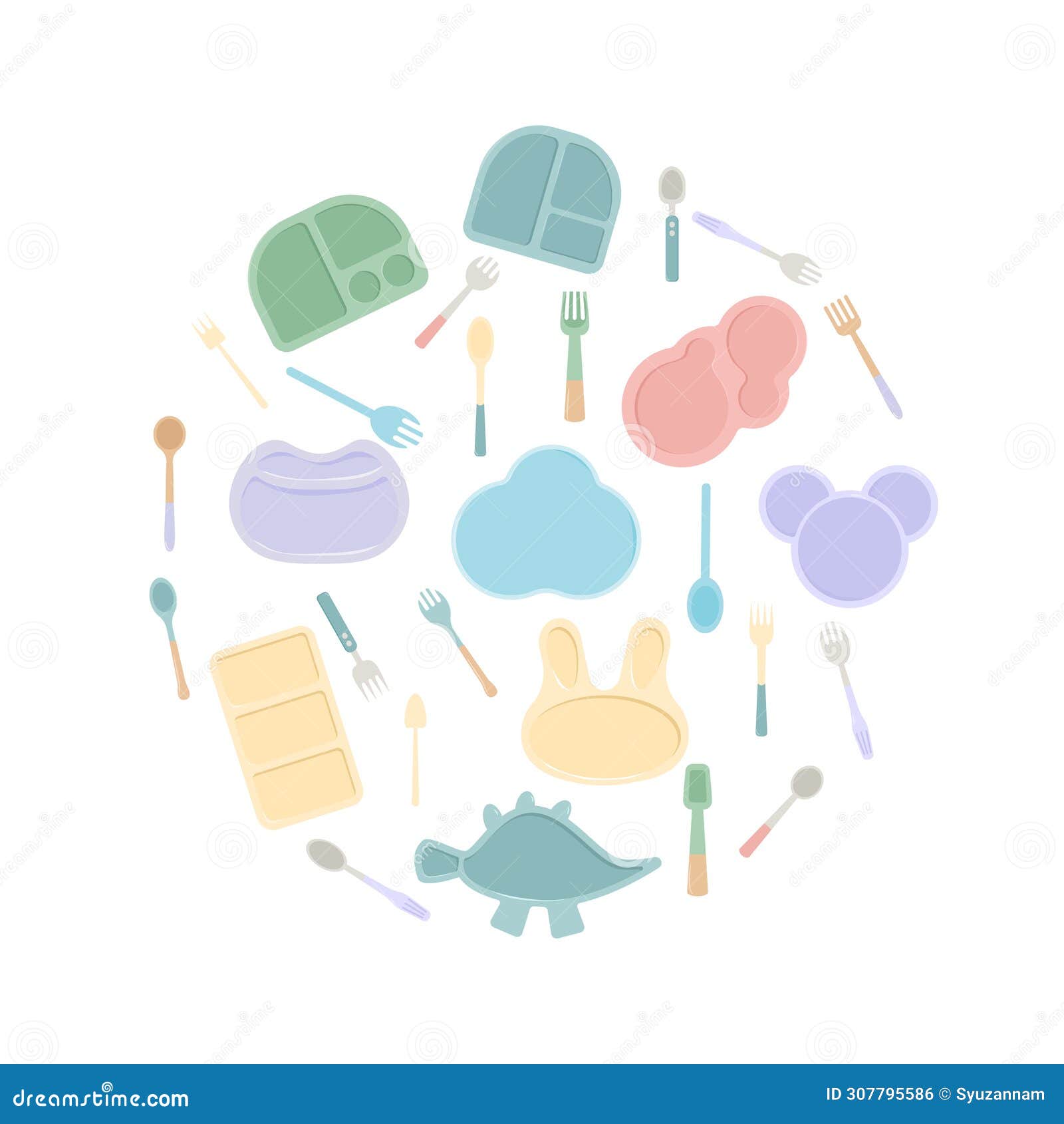 Kids Tableware Circle Composition Set. Childish Plates for Breakfast ...