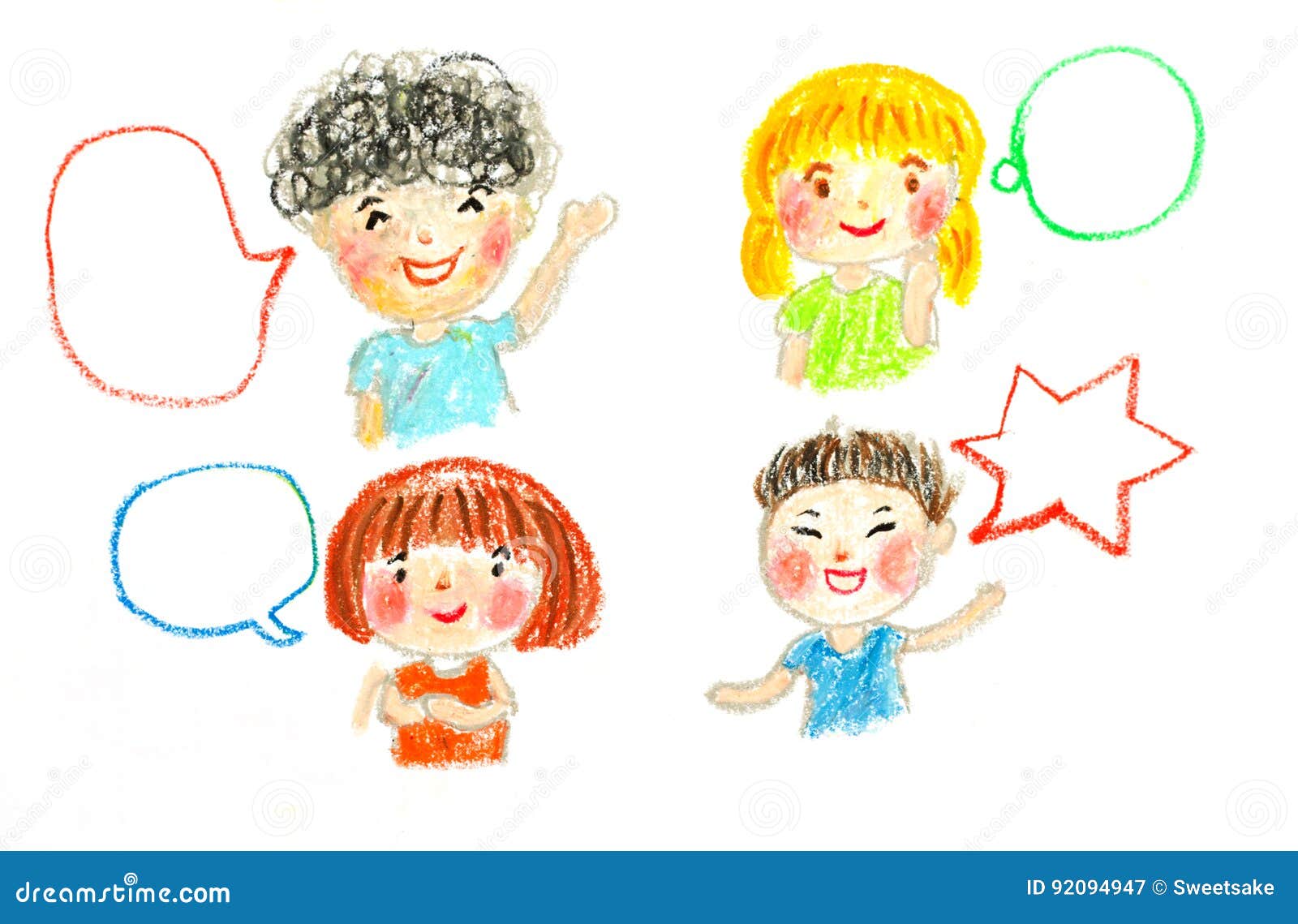 Kids Talking and Bubbles, Oil Pastel Drawing Illustration Stock ...