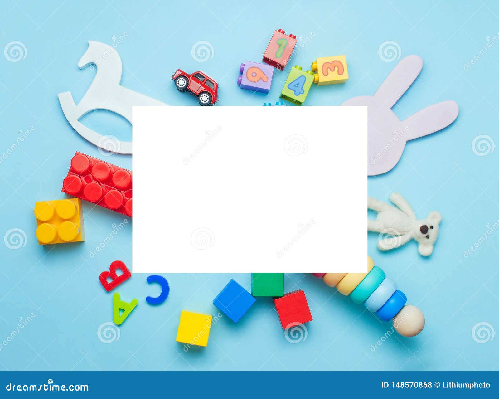 Kids Toys on Blue Background with Rectangle Blank Space Stock Photo ...