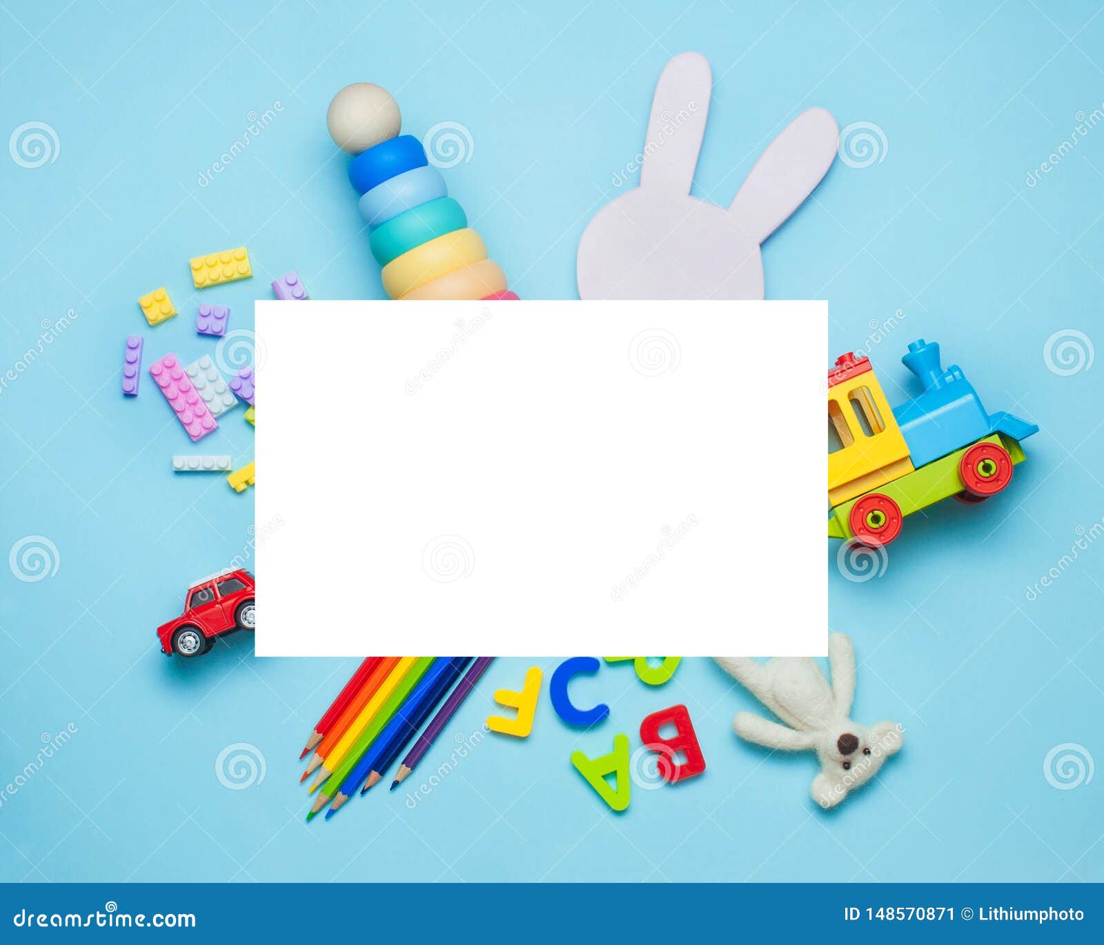 Kids Toys on Blue Background with Rectangle Blank Space for Text Stock ...