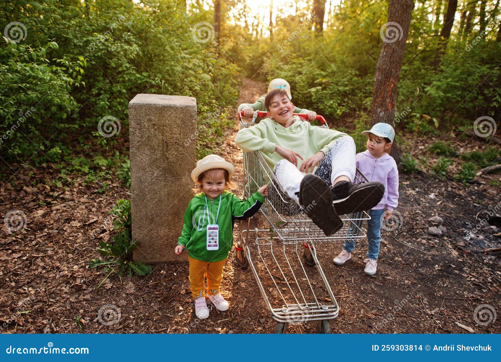 Kids with Trolley Having Fun in Forest Stock Photo - Image of buyer ...