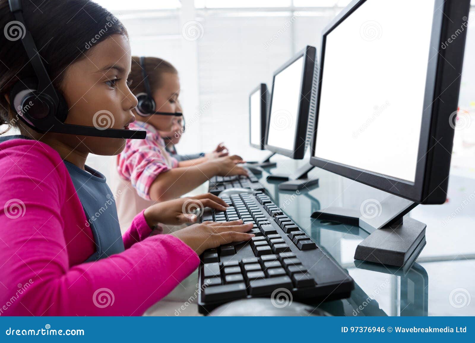 Kids Using Computer in Office Stock Photo - Image of mouse ...