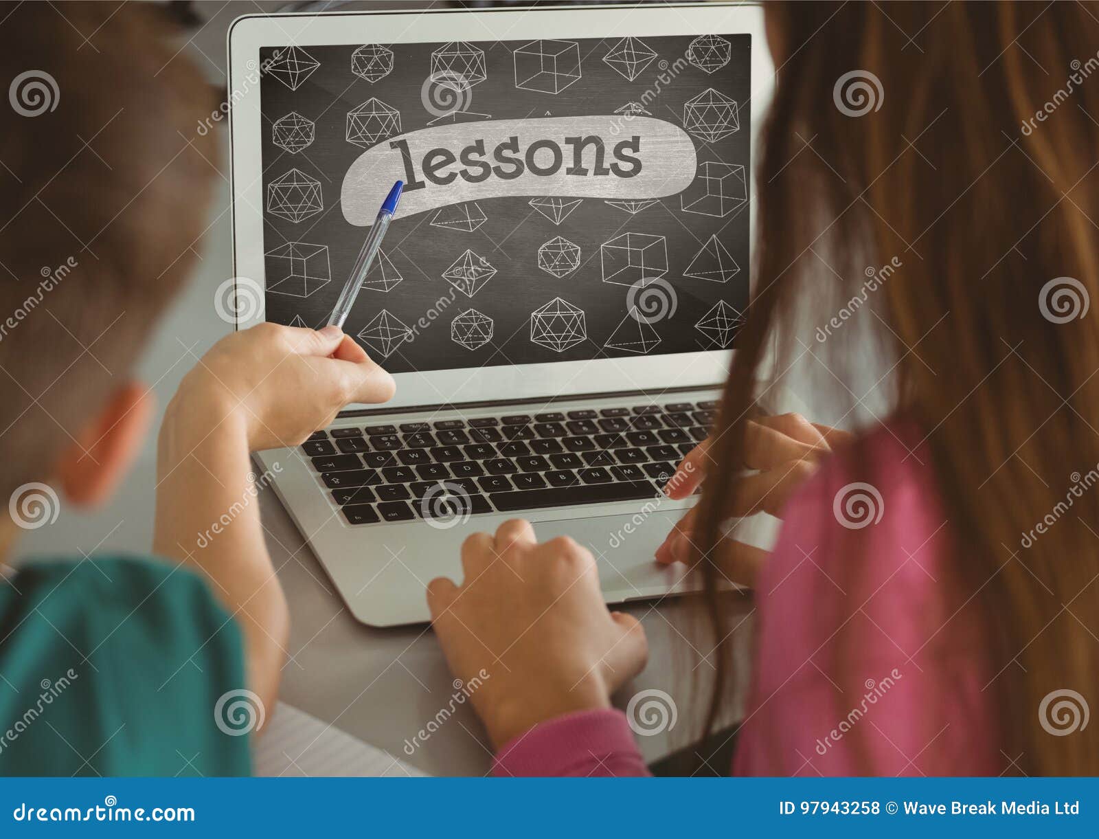 Kids Using a Computer with School Icons on Screen Stock Photo - Image ...